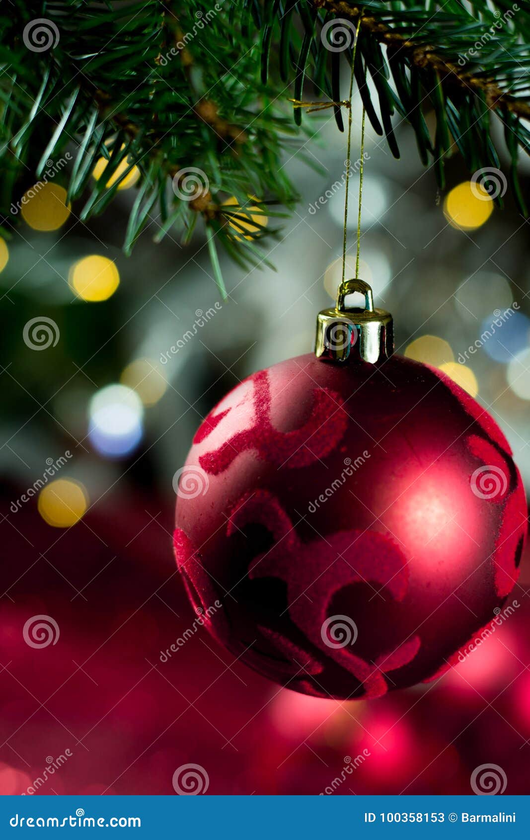 Red Christmas Ball with Ornament on the Christmas Tree, Close Up Stock ...