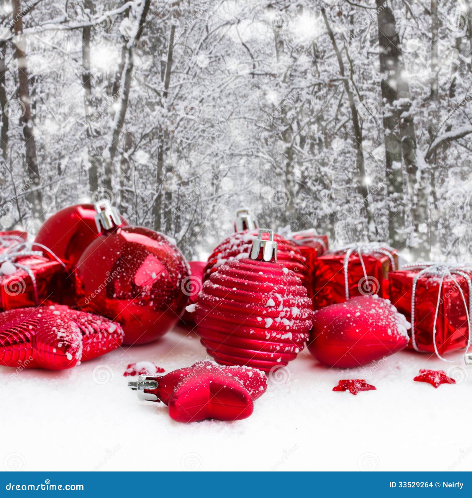 Red Christmas Balls in Snowed Forest Stock Photo - Image of decoration ...
