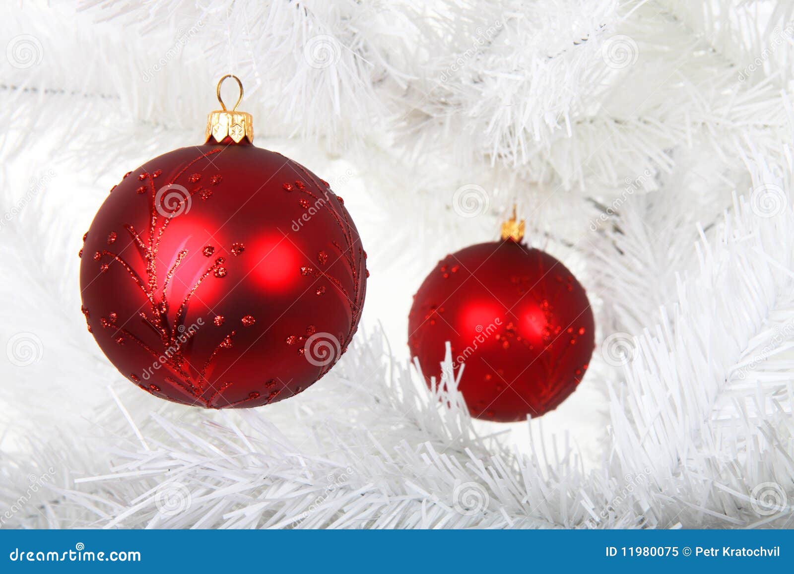 Red Christmas Balls on White Christmas Tree Stock Image - Image of xmas ...