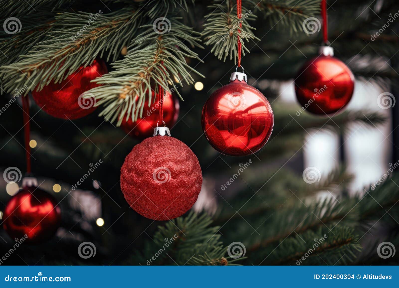 Red Christmas Baubles Hanging from a Pine Tree Stock Photo - Image of ...