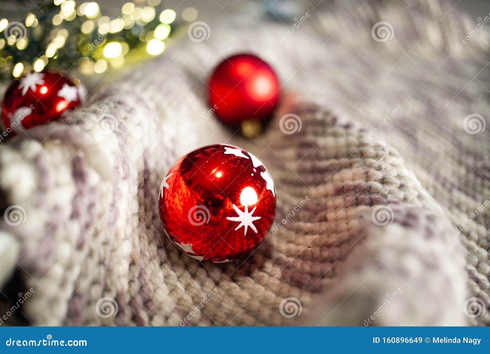 Red Christmas Baubles on Natural Wool Stock Image - Image of background ...