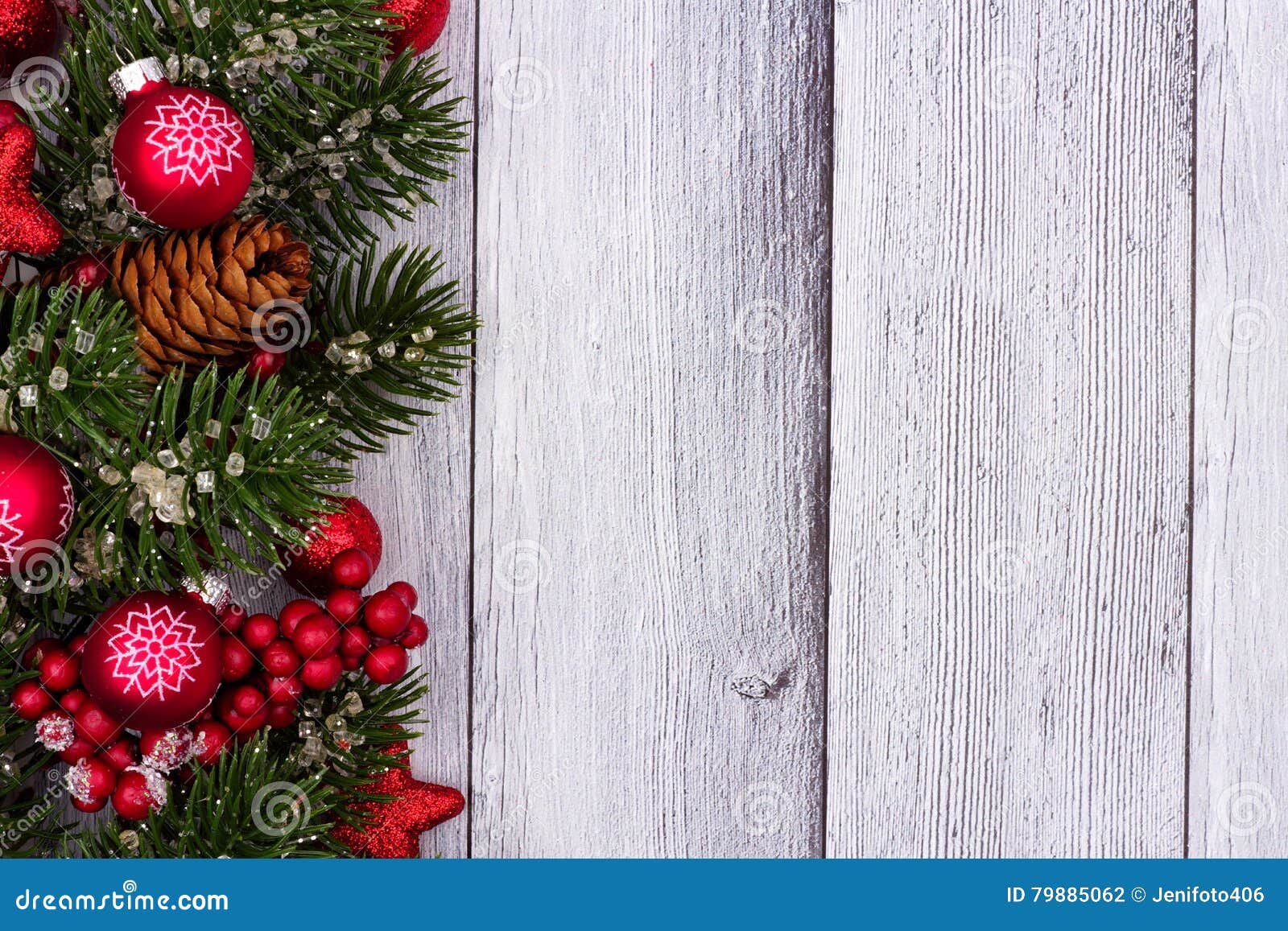 Red Christmas Ornaments and Branches Side Border on White Wood Stock ...