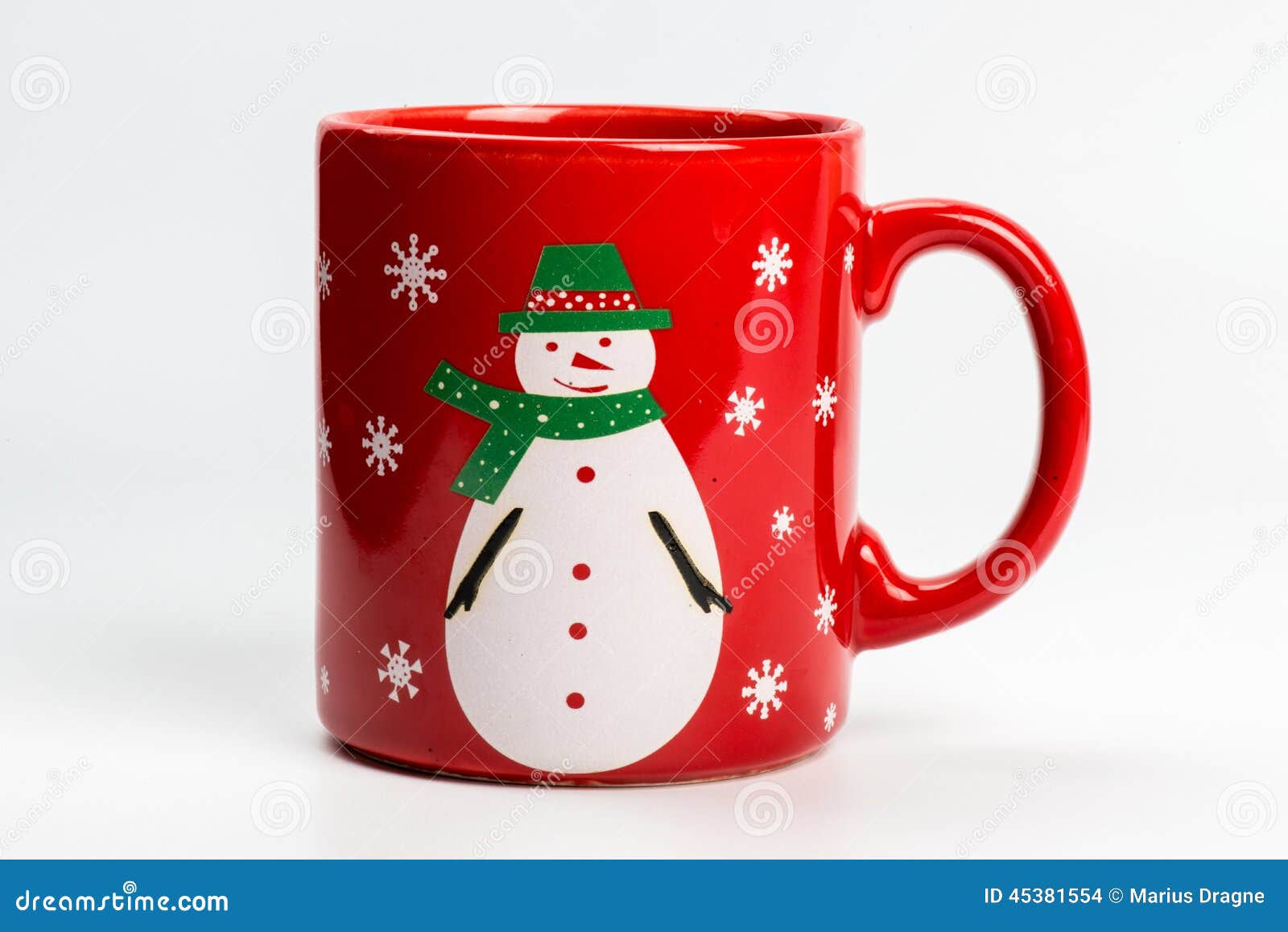 Red Christmas Tea Mug with Snowman on White Stock Photo - Image of ...
