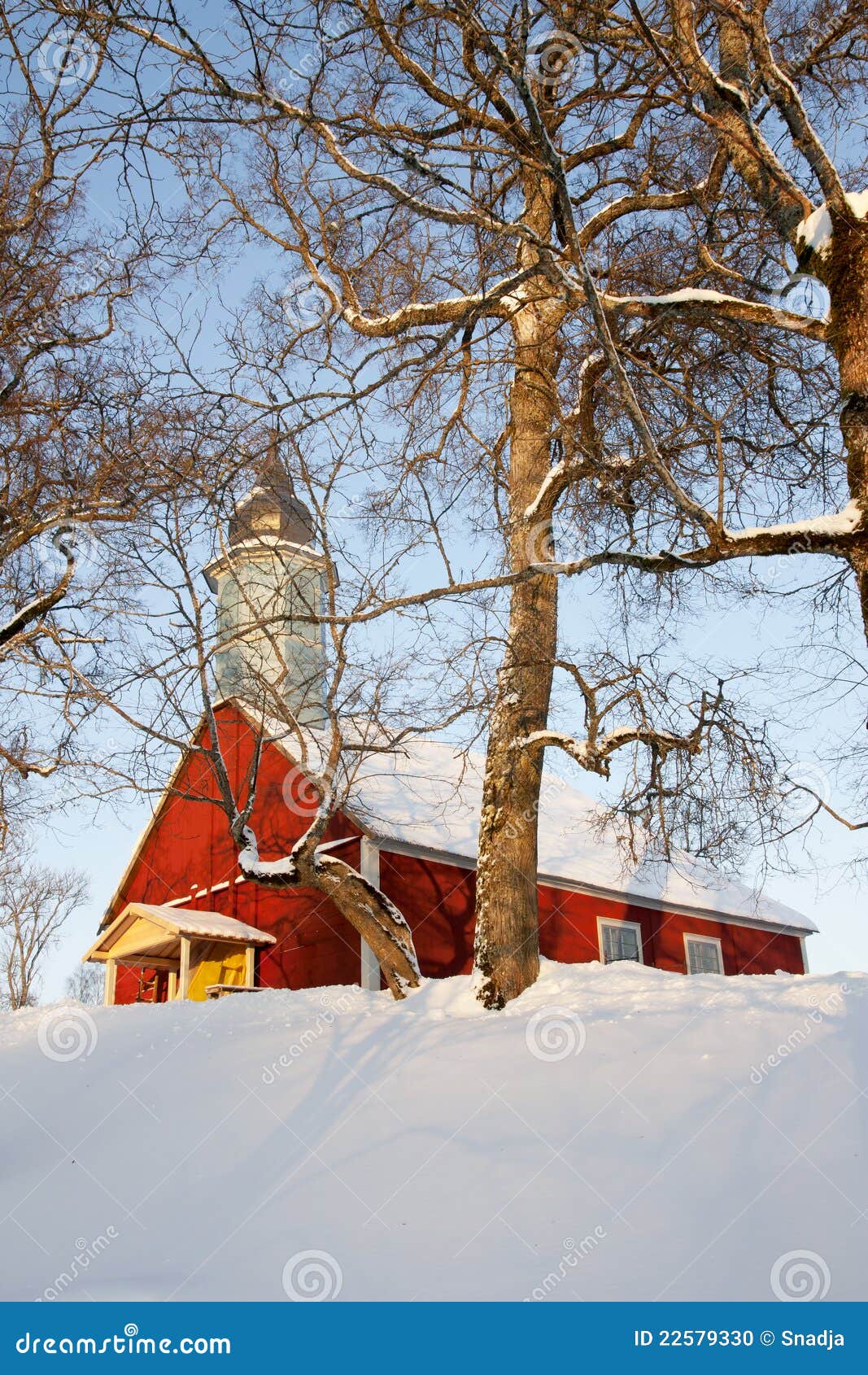 Red church in winter stock photo. Image of bright, tree - 22579330