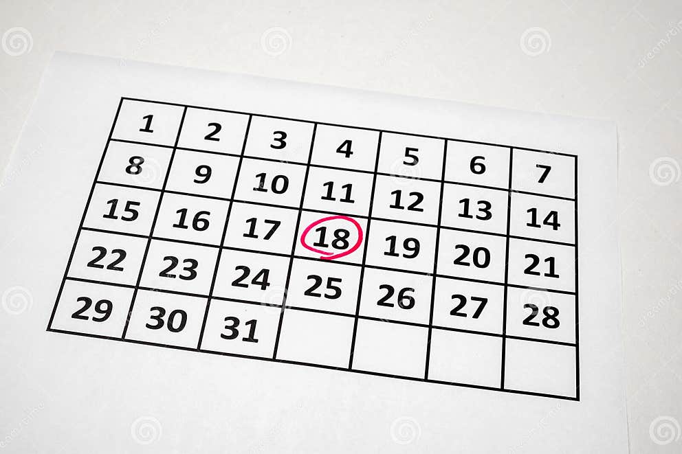 Red Circle Check Calendar 18th of the Month Dates Stock Photo - Image ...