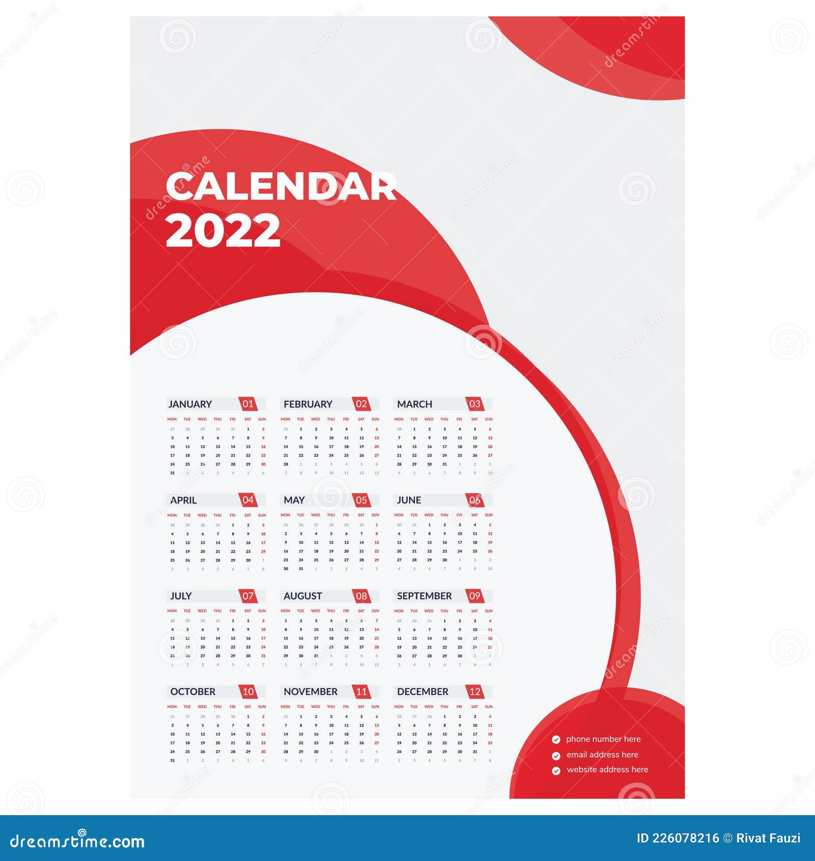 Red Circle One Page Wall Calendar 2022 Stock Vector - Illustration of ...