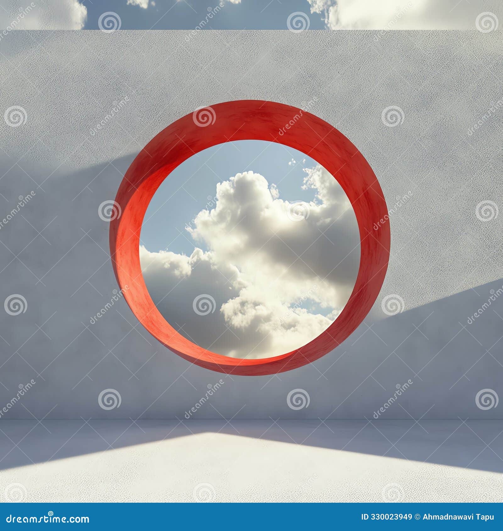 Red Circular Window in a Concrete Wall, Showcasing a View of a Blue Sky ...