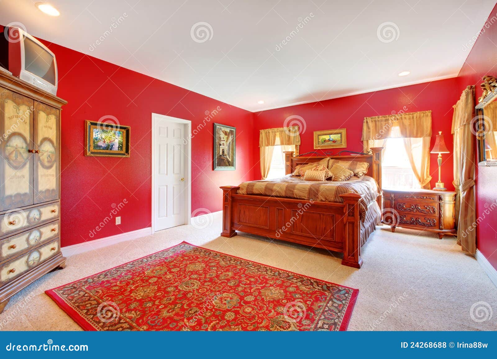 Red Classic Bedroom with Large Bed. Stock Photo - Image of furnished ...