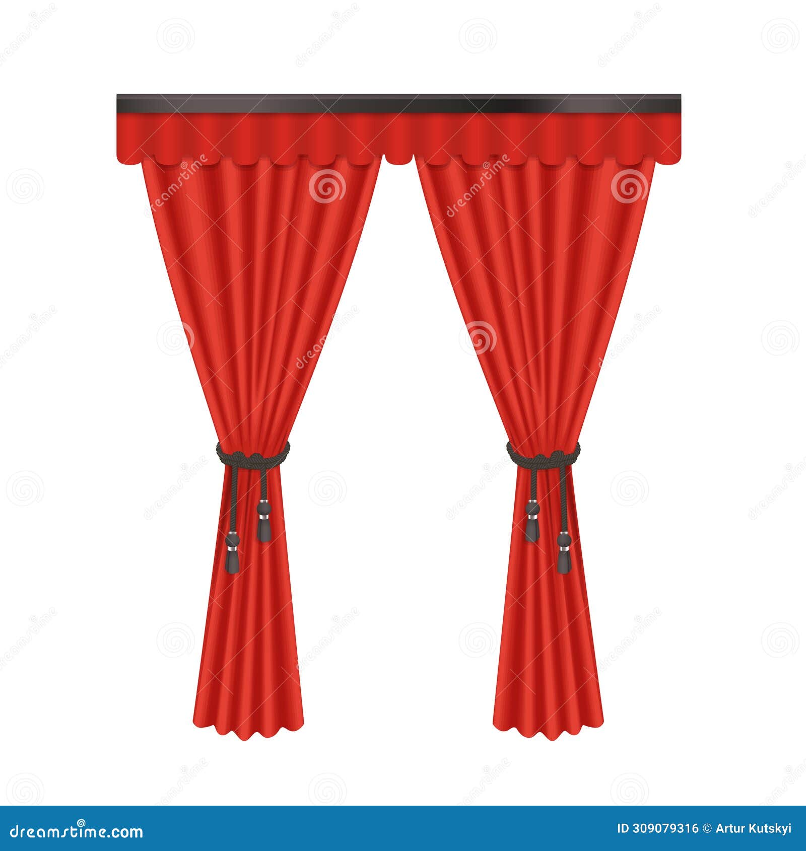Red Classic Curtains for Window, 3D Fabric Draped with Black Rope and ...