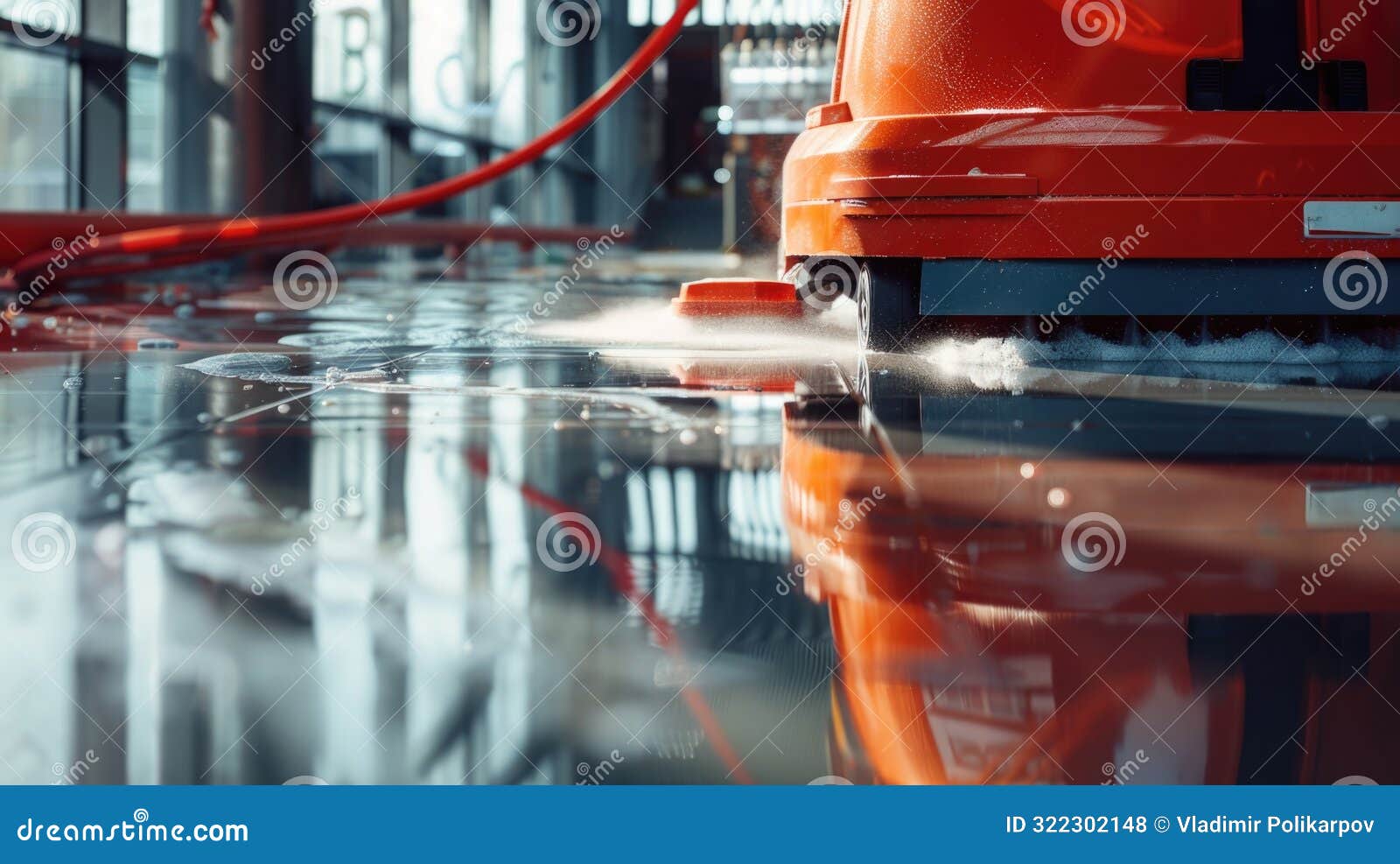 A Red Cleaning Machine is in Action on the Floor of a Building, Focused ...