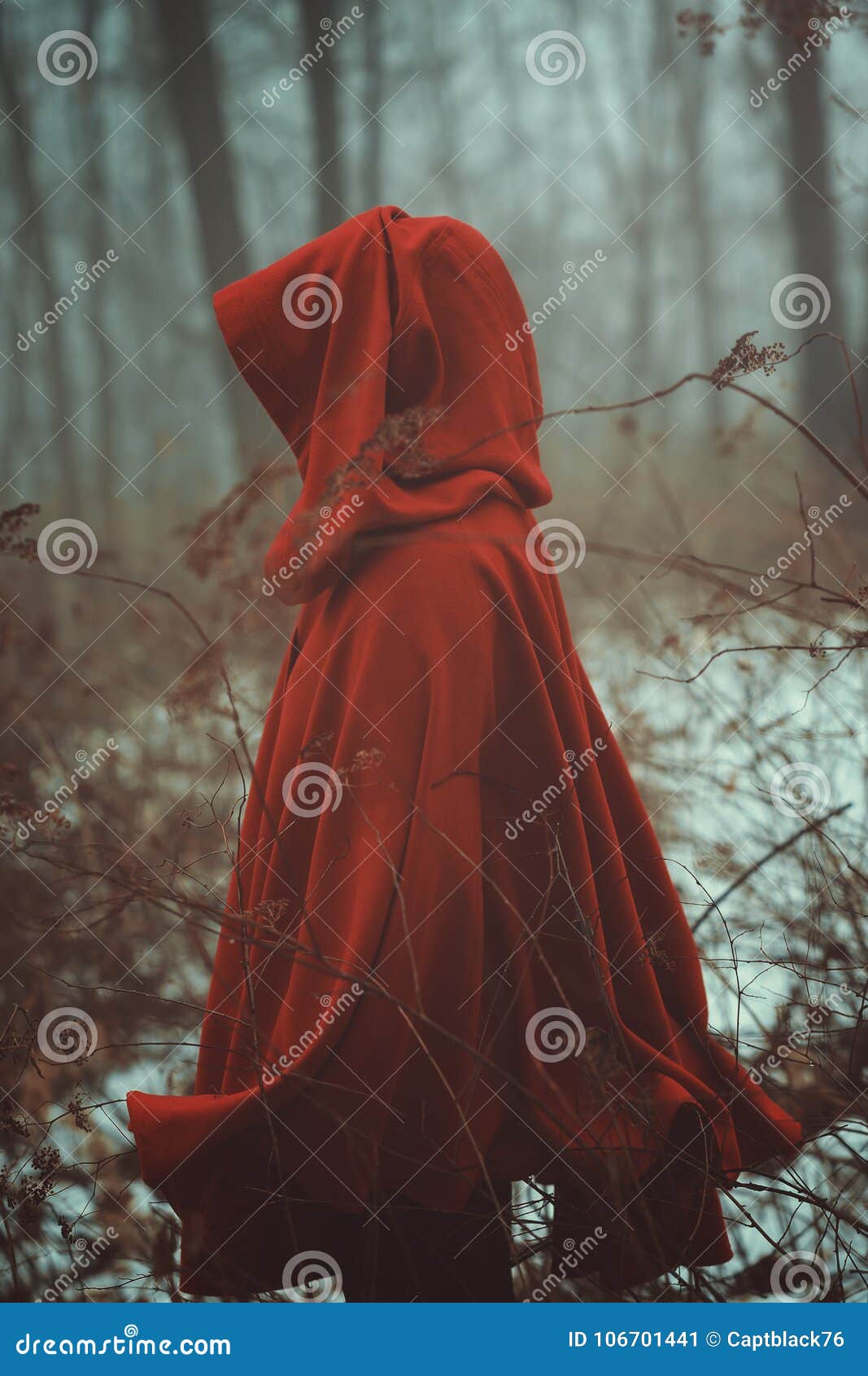 Red cloak in the fog stock image. Image of concept, halloween - 106701441