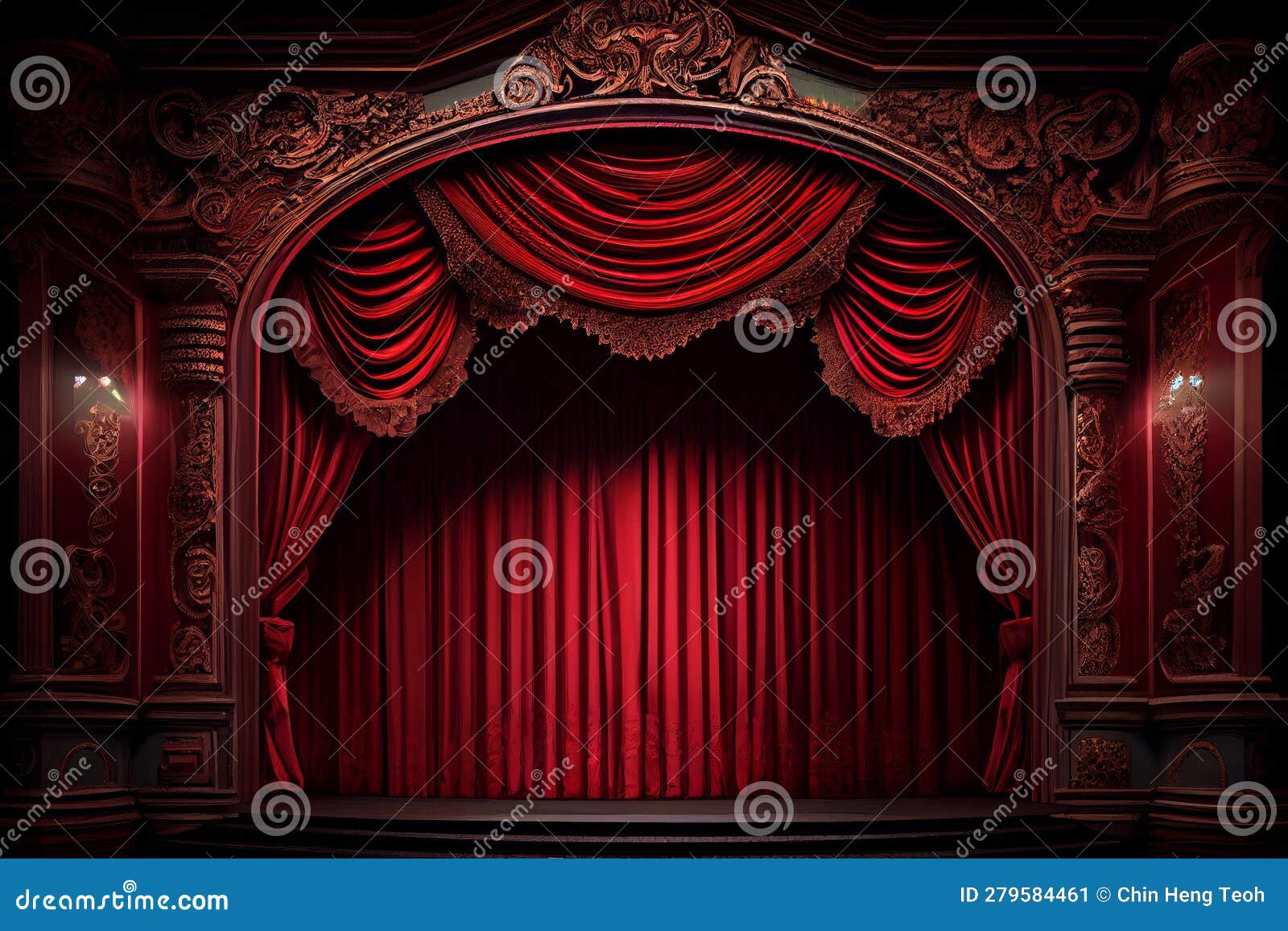 Red Closed Stage Curtain Illuminated with Spotlights. Generative AI ... Red Closed Stage Curtain Illuminated with Spotlights. Generative AI ...
