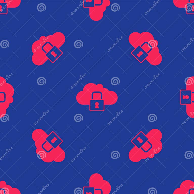 Red Cloud Computing Lock Icon Isolated Seamless Pattern on Blue Background. Security, Safety ...