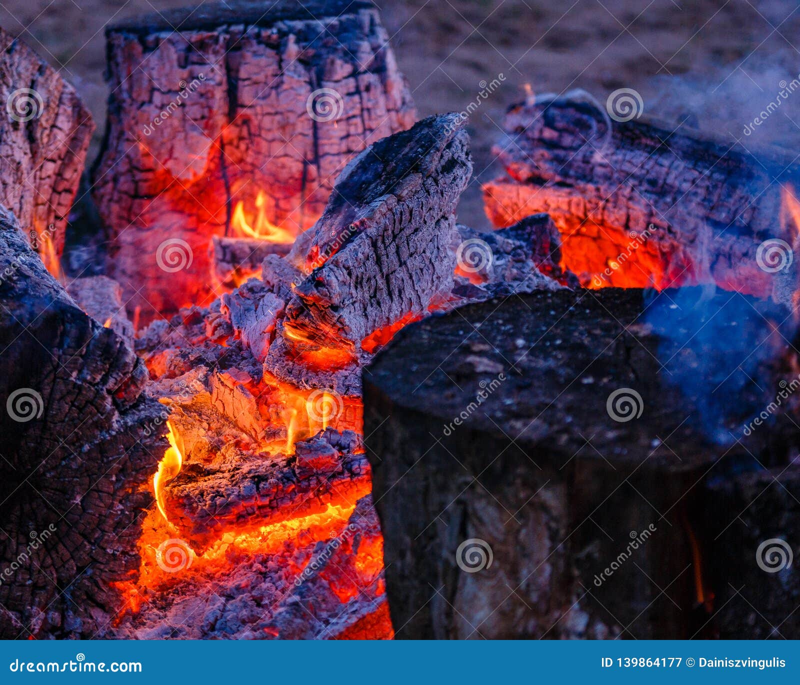 Red Coal and Fire Flames in the Middle of the Campfire Stock Image ...