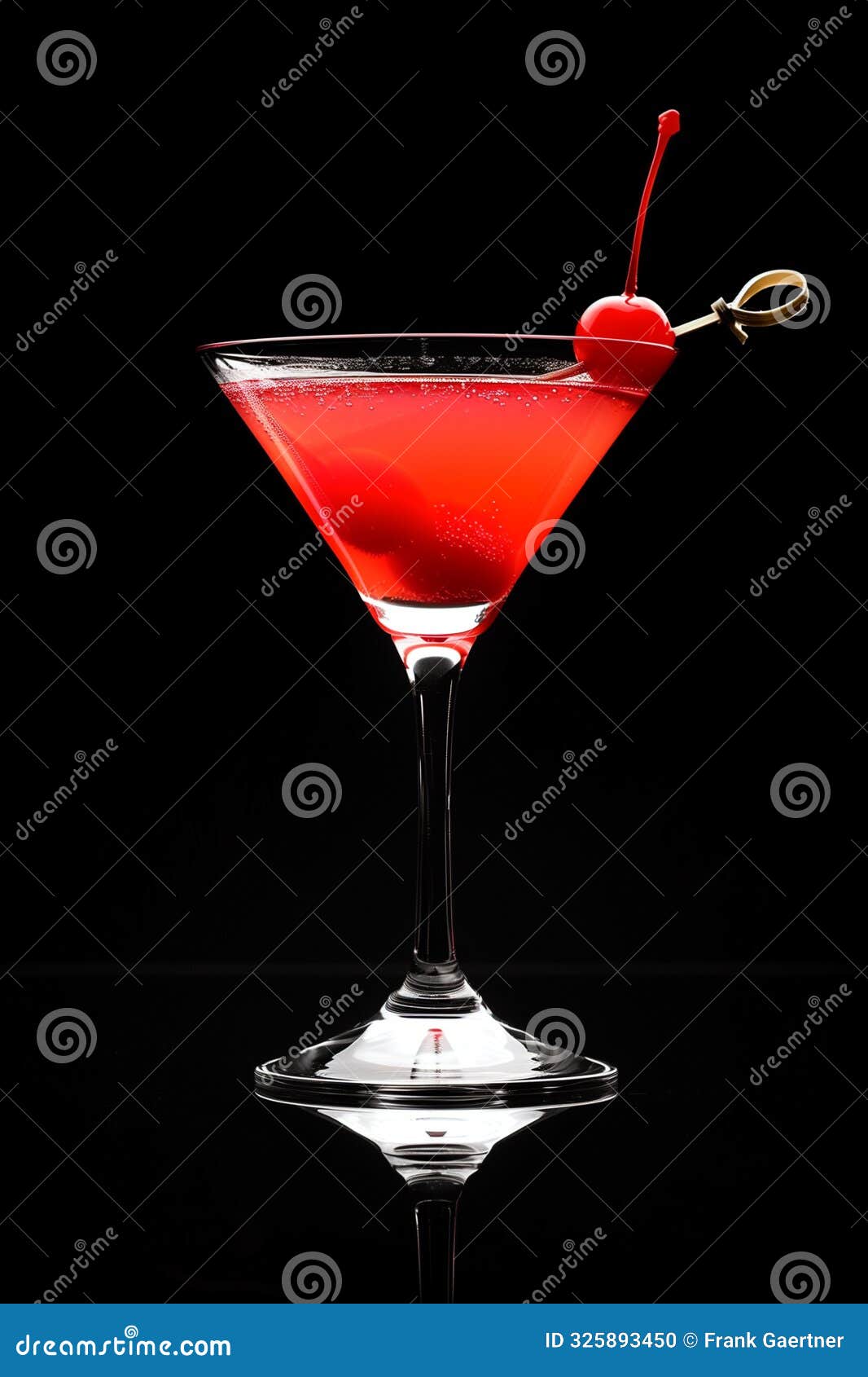 Red Cocktail Standing on Reflecting Surface, Decorated with Cherry and ...