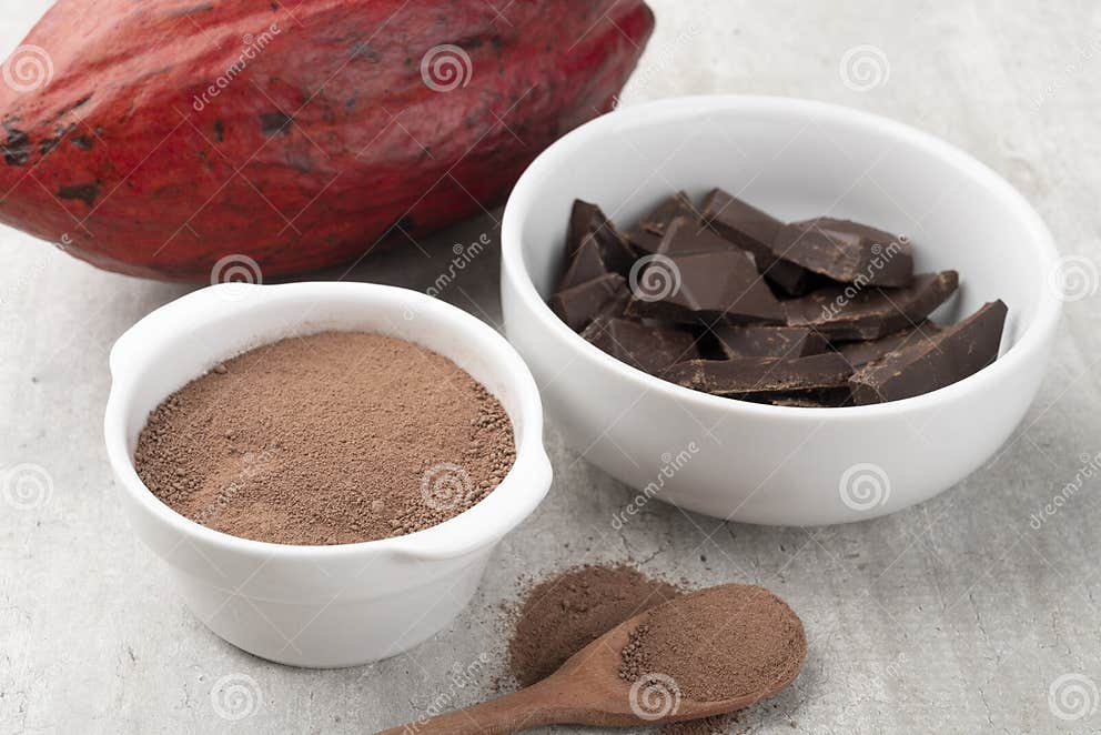 Red Cocoa, Cocoa Powder and Dark Chocolate Stock Image - Image of ...