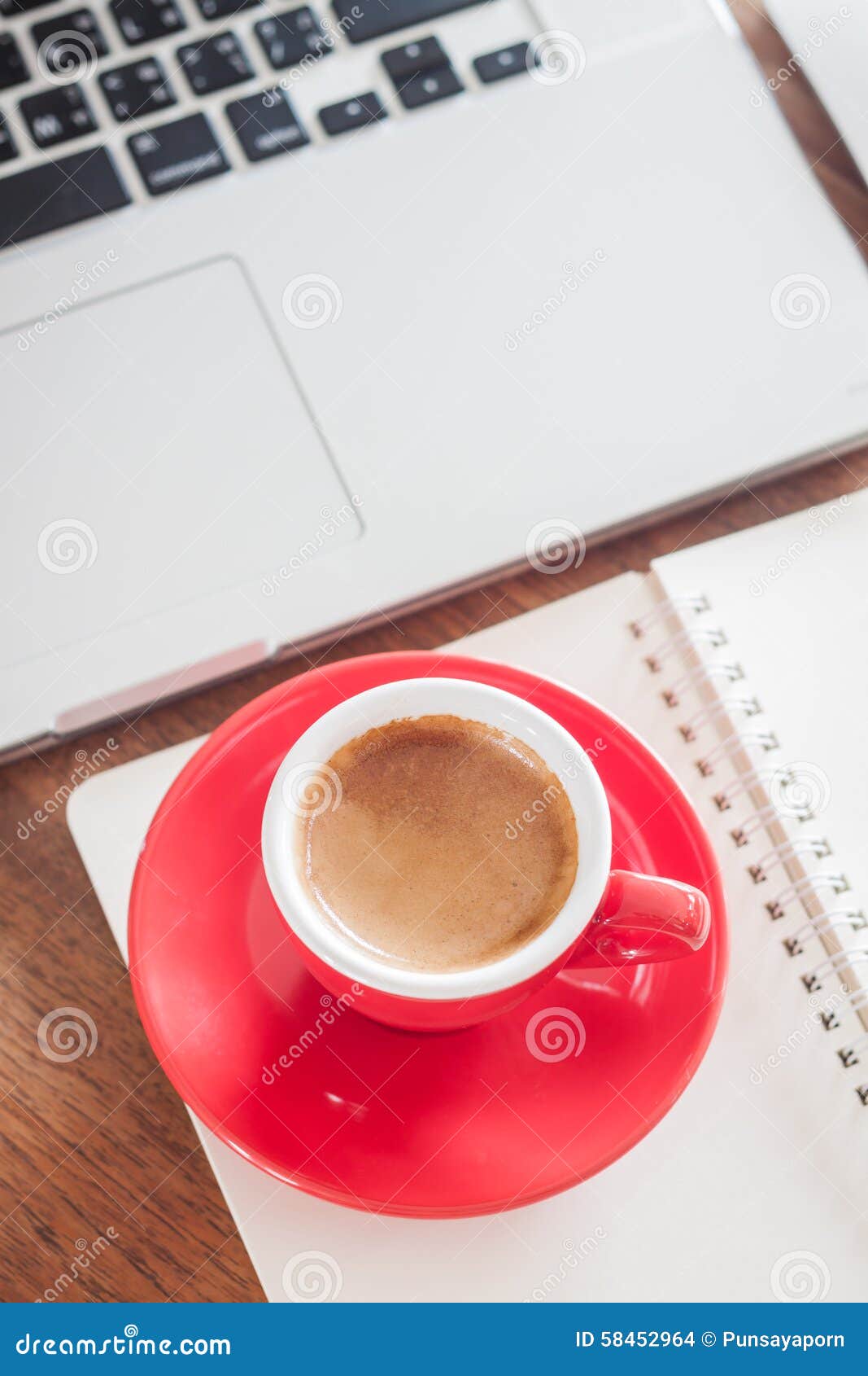 Red Coffee Cup with Notepad and Laptop Stock Photo - Image of closeup ...