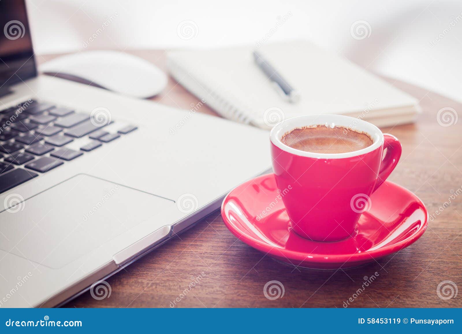 Red Coffee Cup with Notepad and Laptop Editorial Stock Image - Image of ...