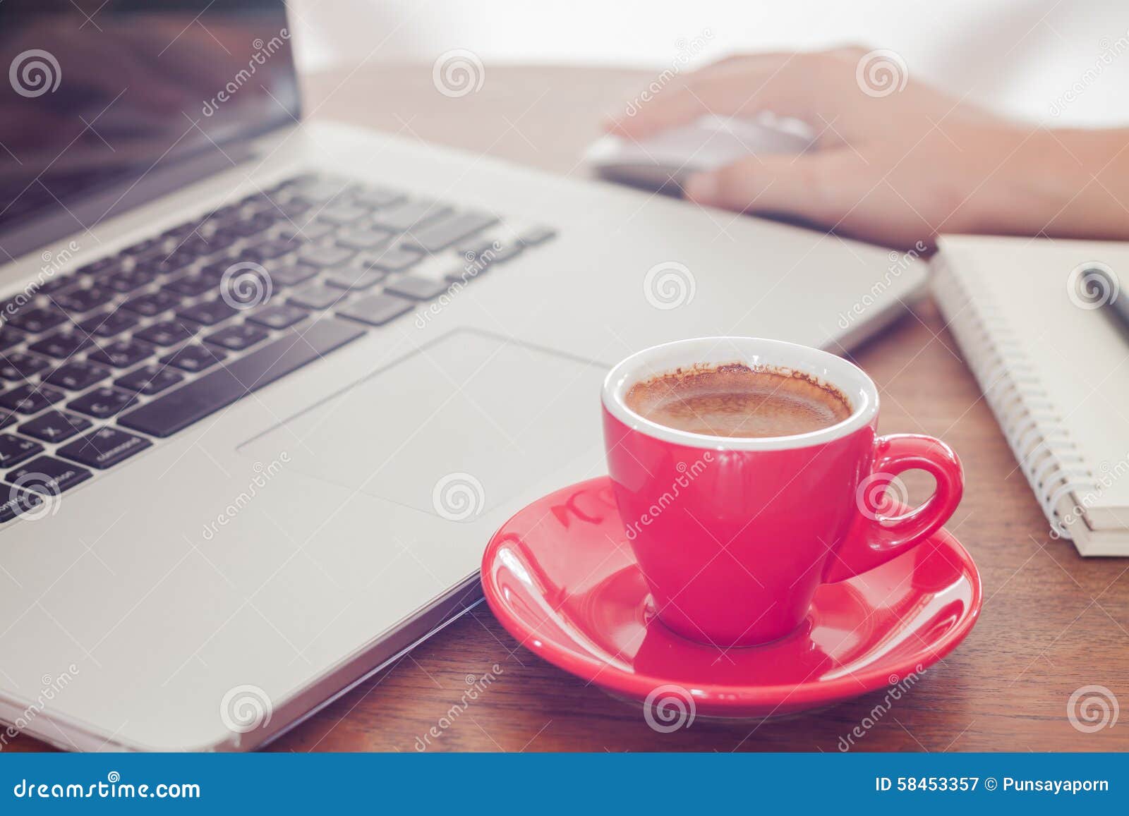 Red Coffee Cup with Notepad and Laptop Editorial Photography - Image of ...