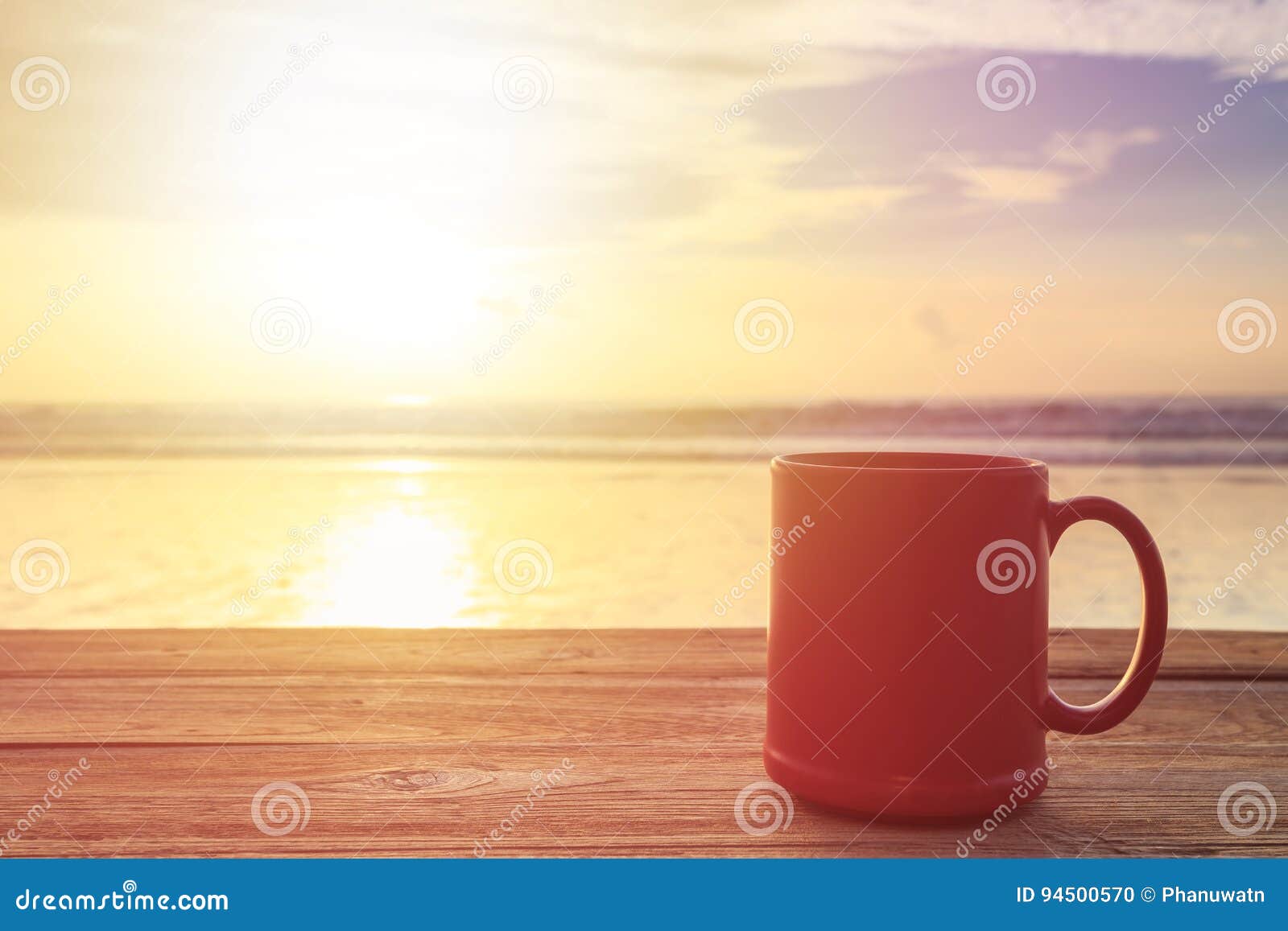 Red Coffee Cup on Wood Table at Sunset or Sunrise Beach Stock Photo ...