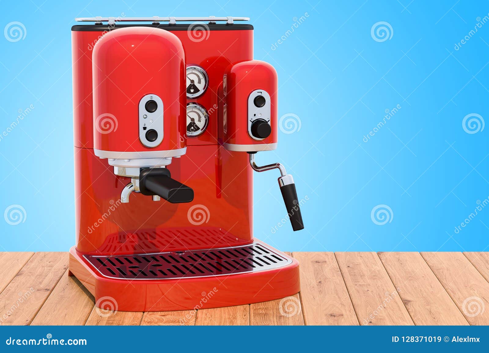Red Coffeemaker Or Coffee Machine Retro Design On The Wooden Tab ...