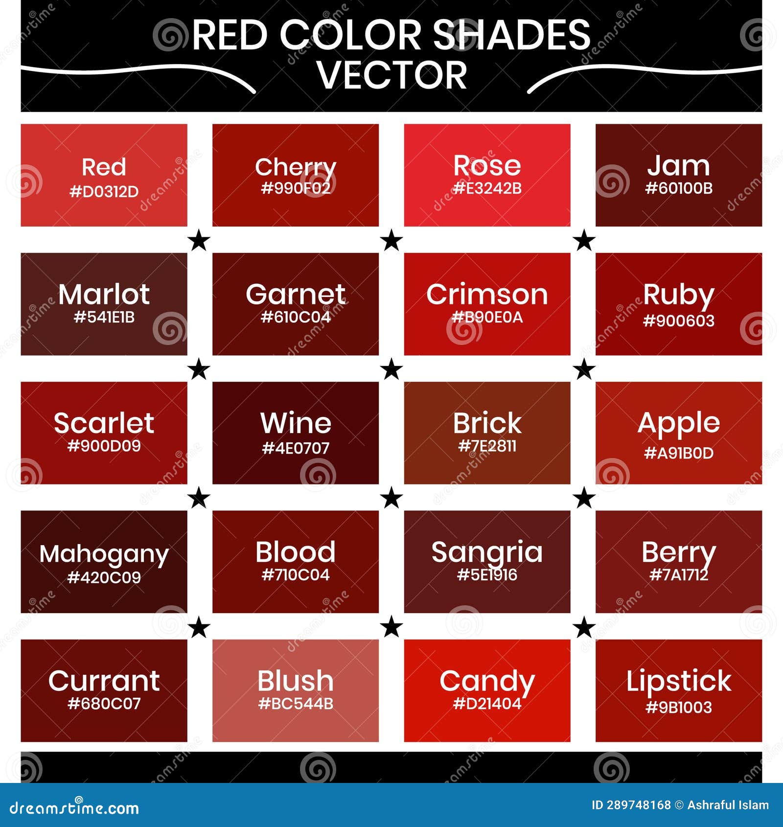 Red Color Shades Vector Illustration with Color Hex Code, Twenty ...