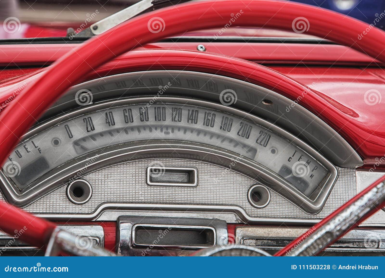 Red Colored Old American Car Details, Wheel and Speedometer. Stock ...