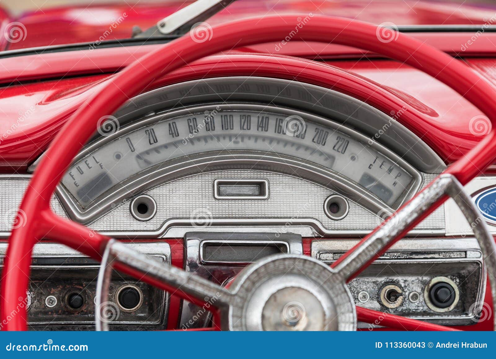 Red Colored Old American Car Details, Wheel and Speedometer. Stock ...