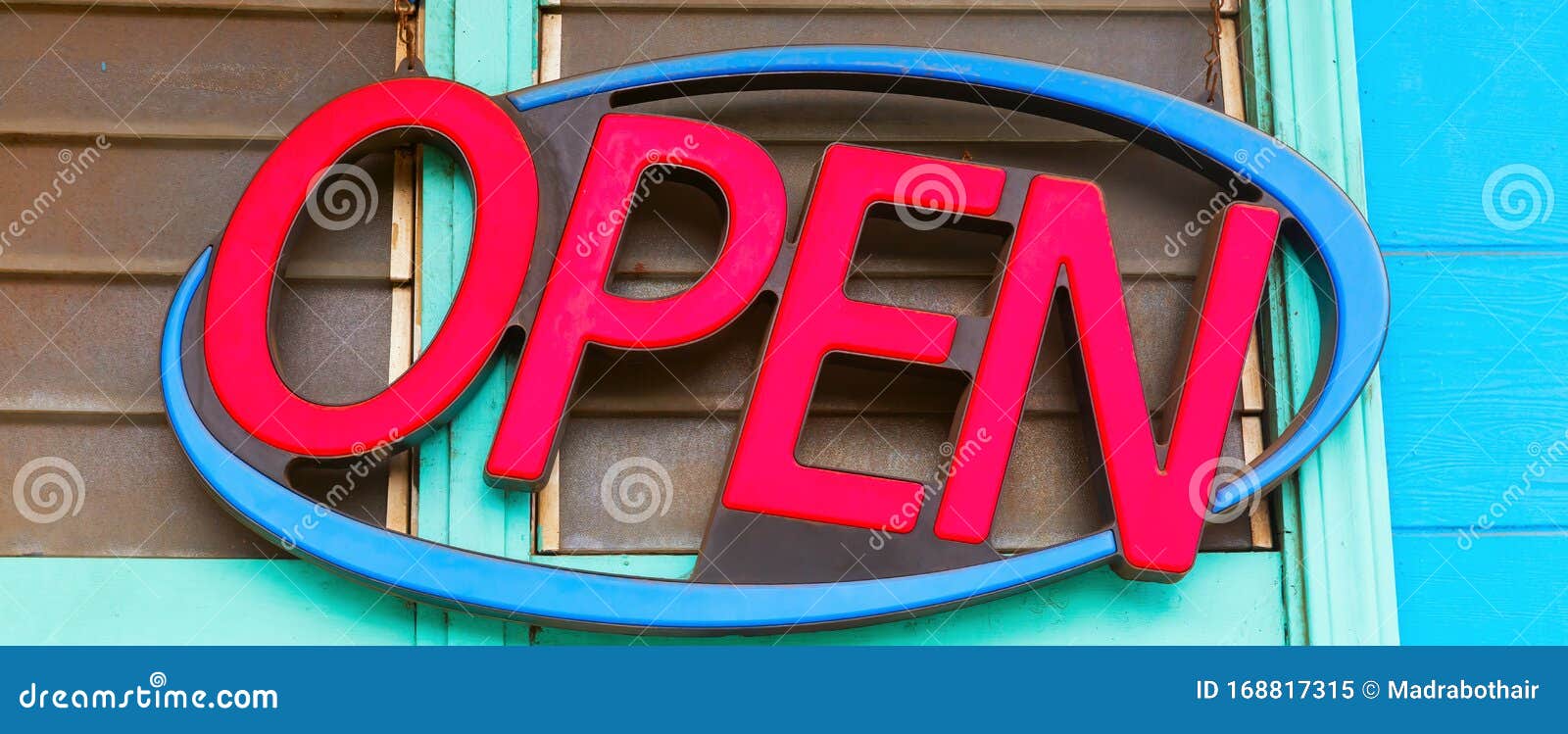 Red Colored Open Sign at a Shop Stock Image - Image of wood, signal ...