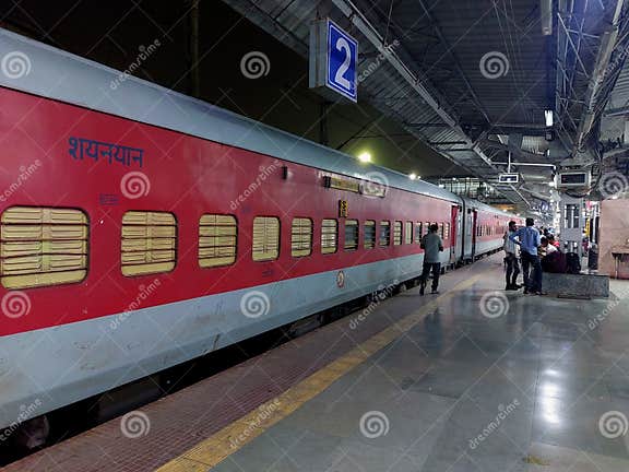 Red Colored Passenger Train on Platform, Indian Railways, Indian ...