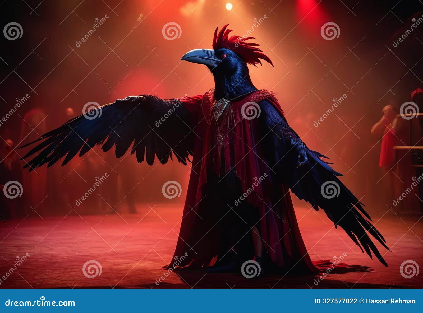 A Red Colored Raven Cosplaying As A Jester At A Circus Stock ...