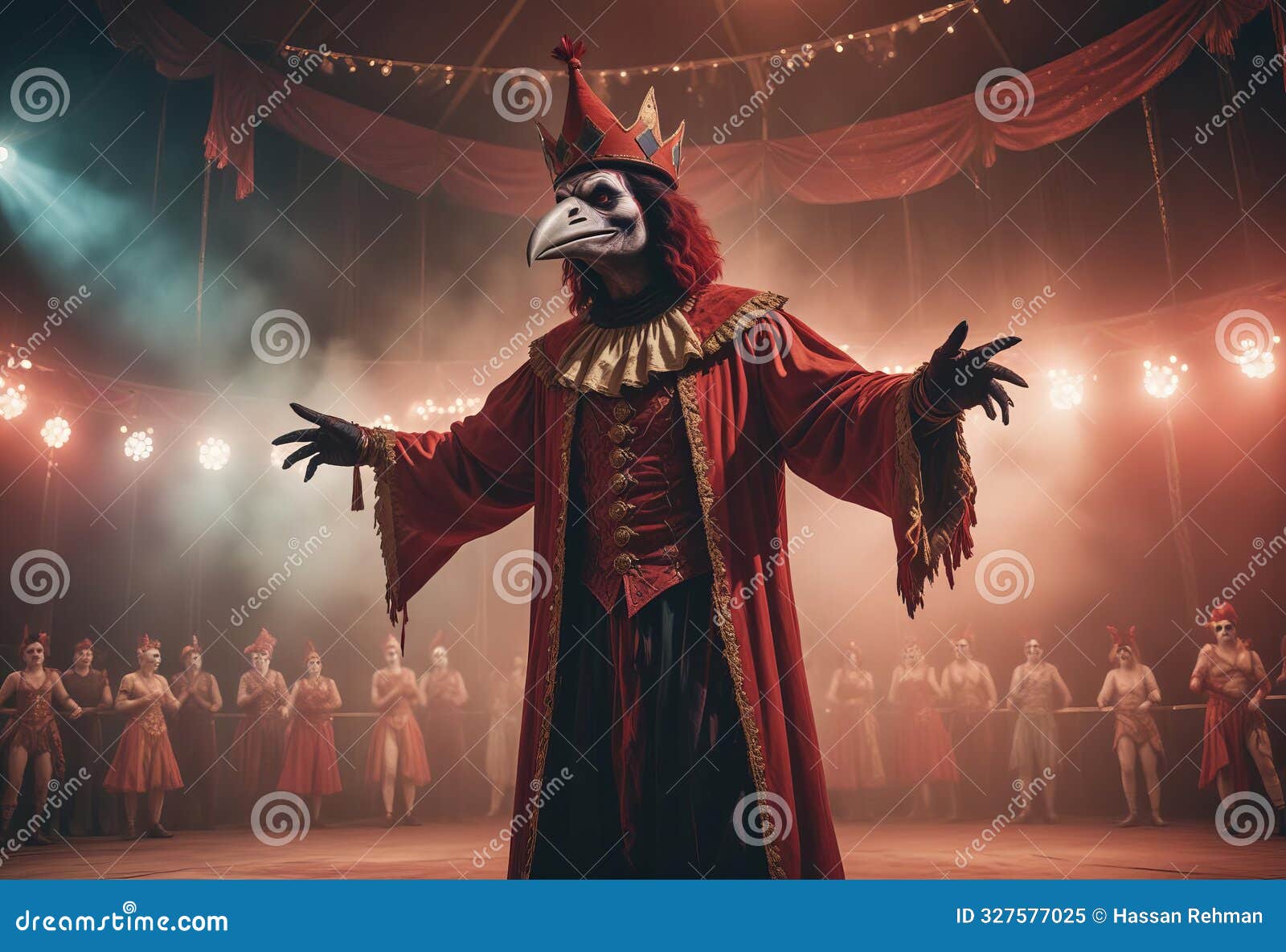 A Red Colored Raven Cosplaying As A Jester At A Circus Royalty-Free ...