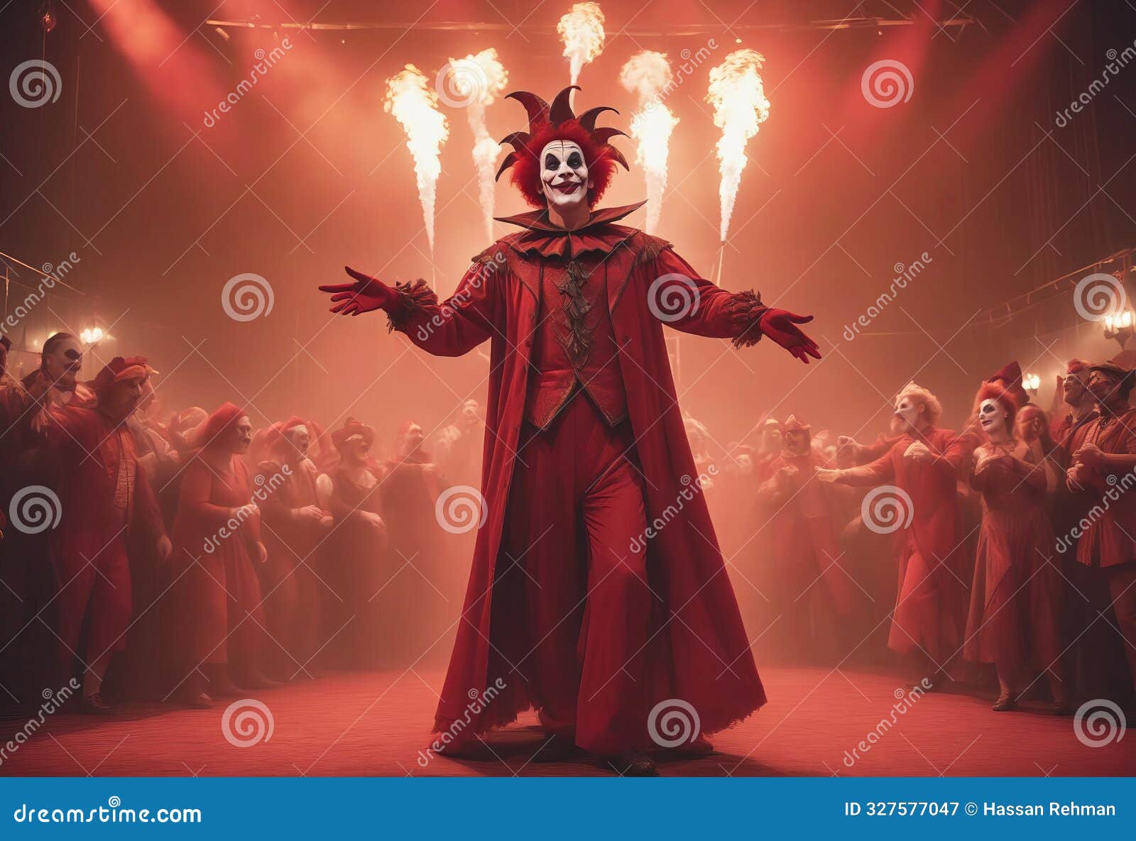 A Red Colored Raven Cosplaying As A Jester At A Circus Stock ...