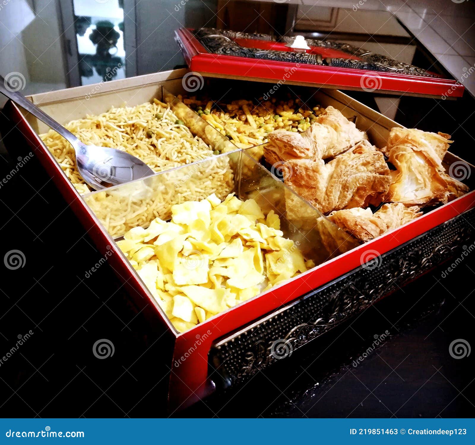 Red Colored Royal Dry Fruits & Snacks Container Stock Image - Image of ...