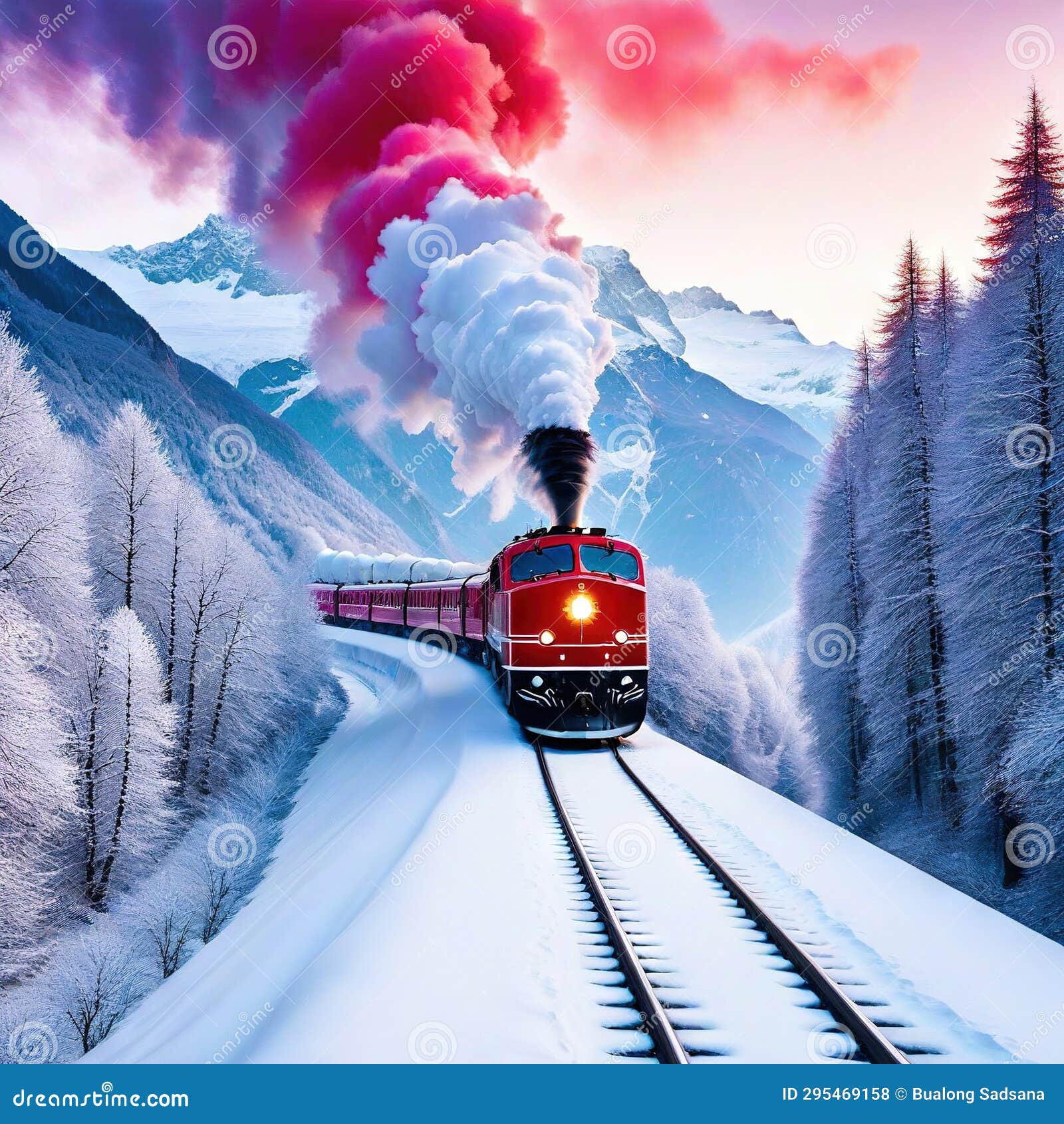 A Red Colored Train Passing through Alps in Stock Illustration ...