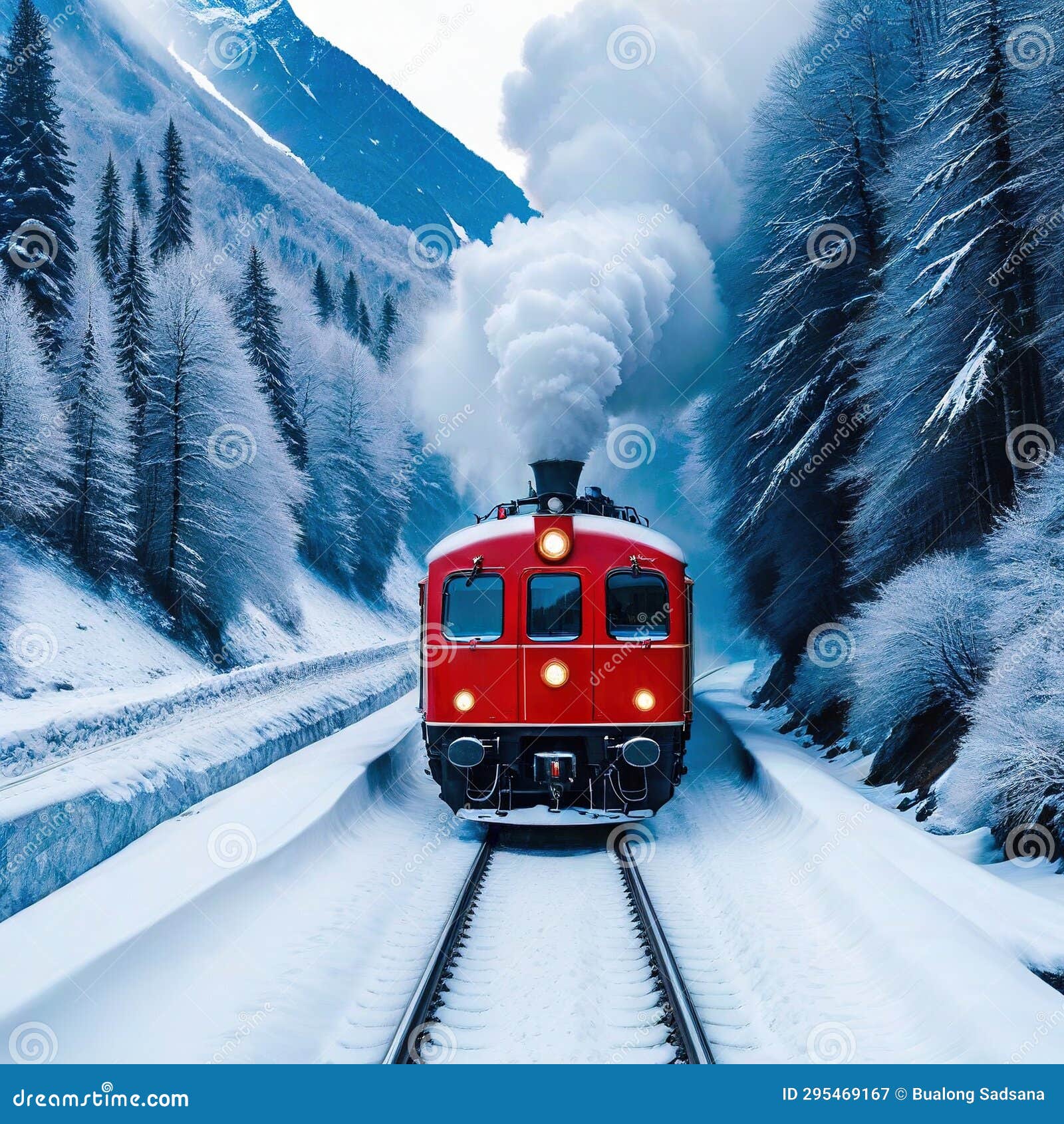 A Red Colored Train Passing through Alps in Stock Illustration ...