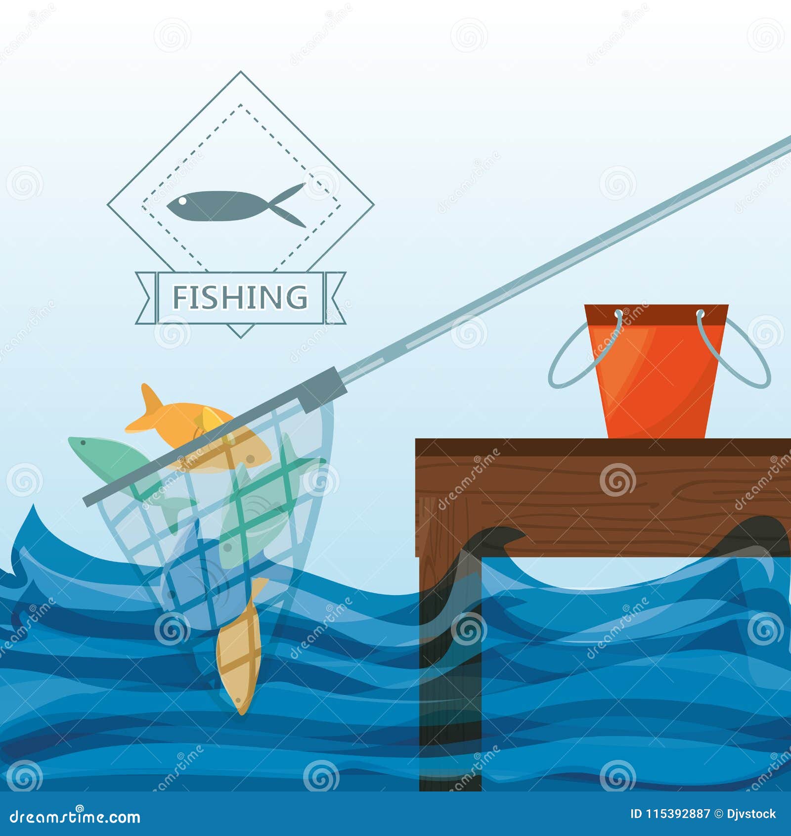 Red Con Los Pescados Y El Cubo Ilustración del Vector - Ilustración de ...