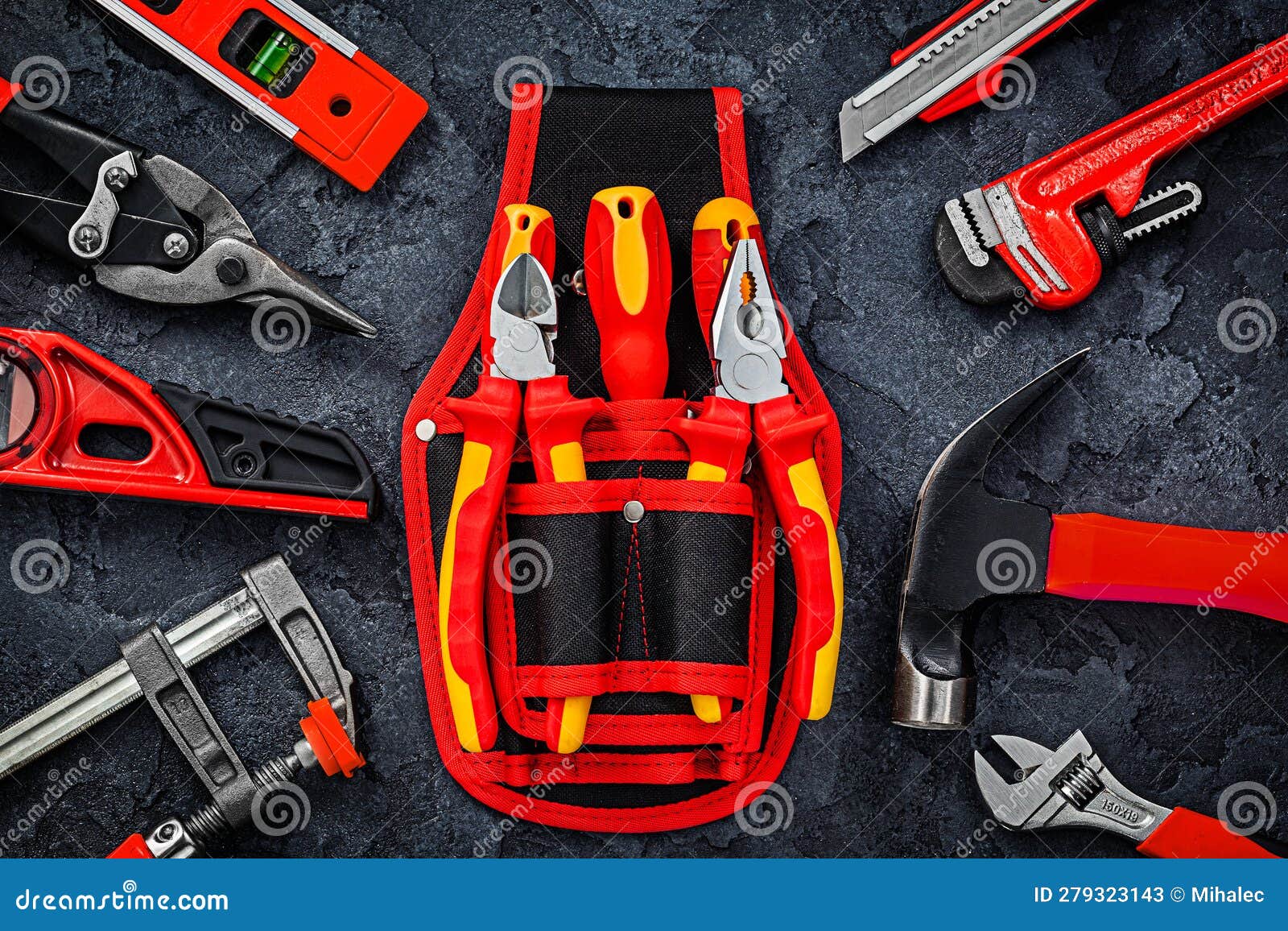 Red Construction Tools Set on Dark Background Stock Image - Image of ...