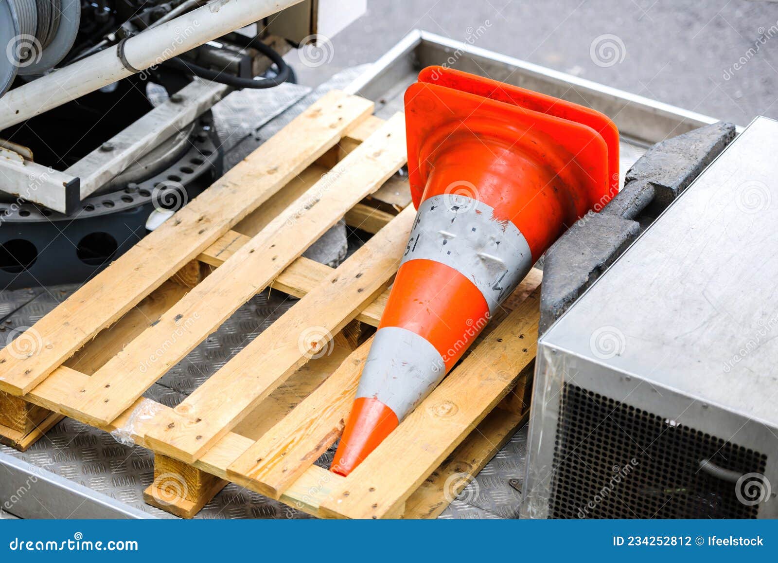 Red Construction Warning Cone on a Pallet Stock Photo - Image of ...