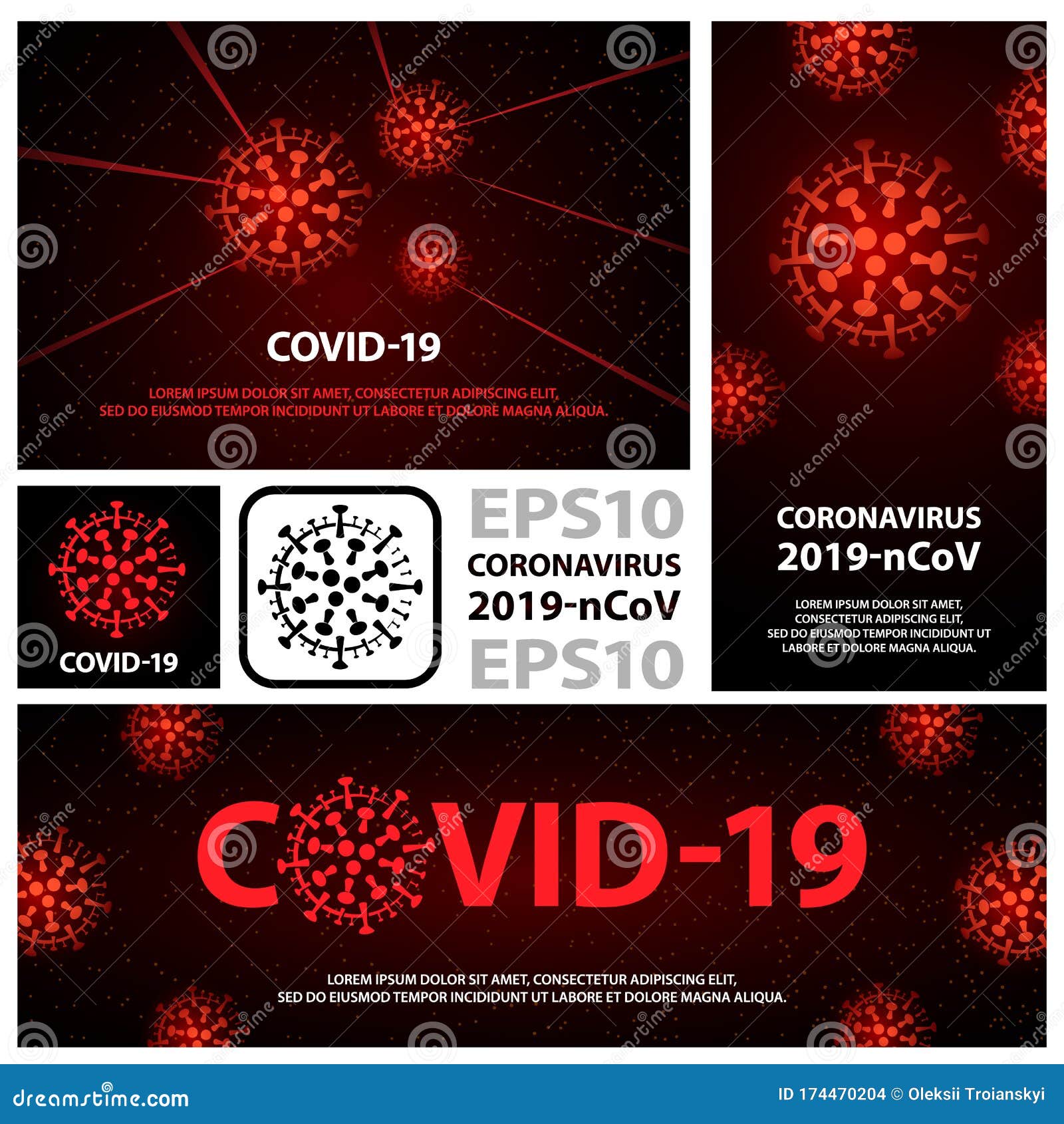 Red Coronavirus Virus Banners Set. Vector Flat Covid-19 Backgrounds for ...