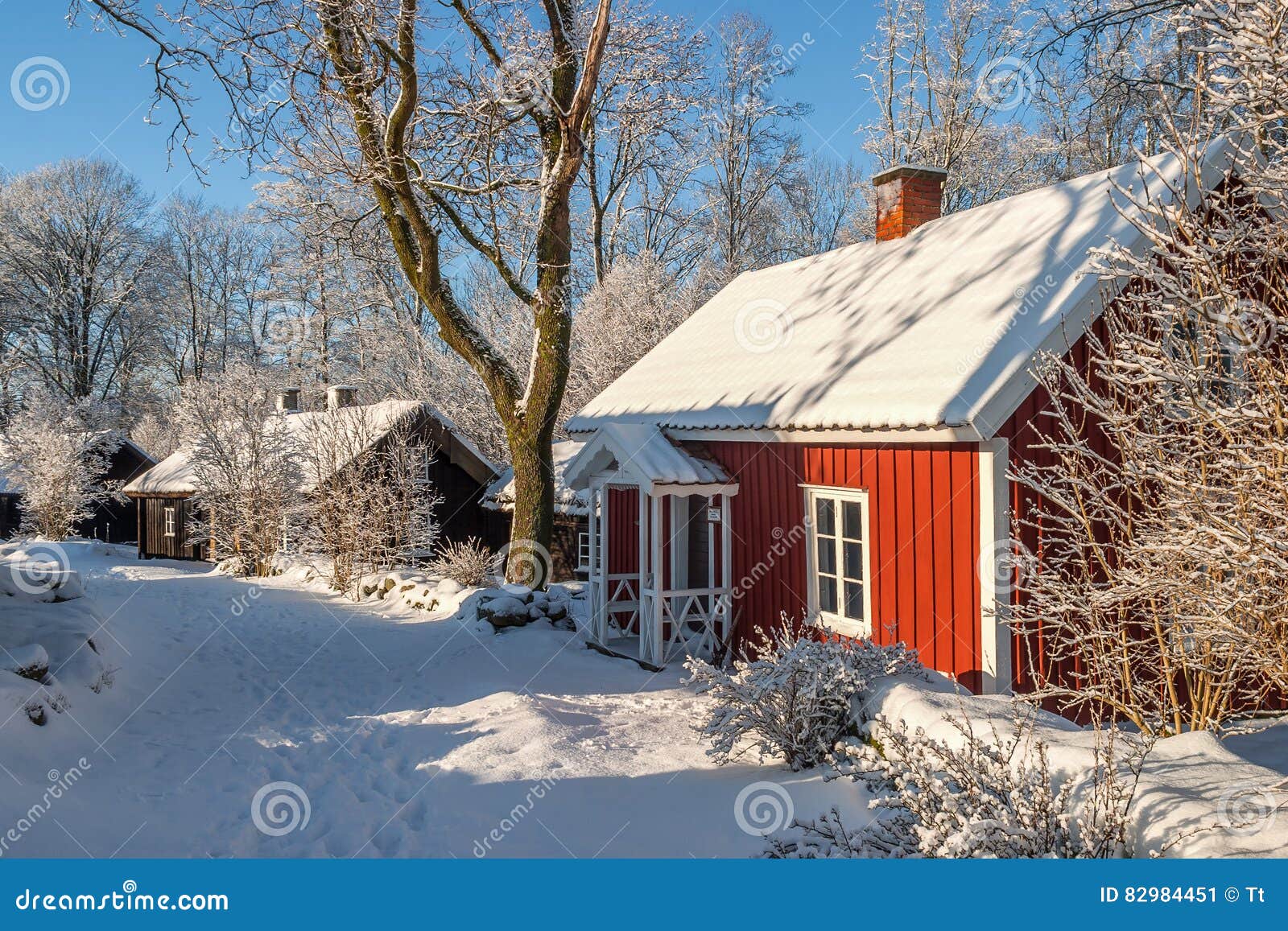 Red Cottage in a Winter Landscape Stock Image - Image of rural, porch ...