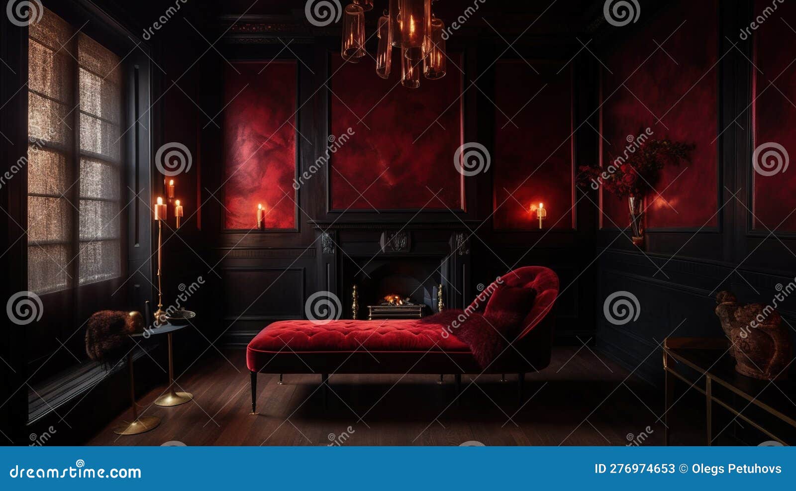 A Red Couch in a Dark Room with a Fire Place Stock Illustration ...