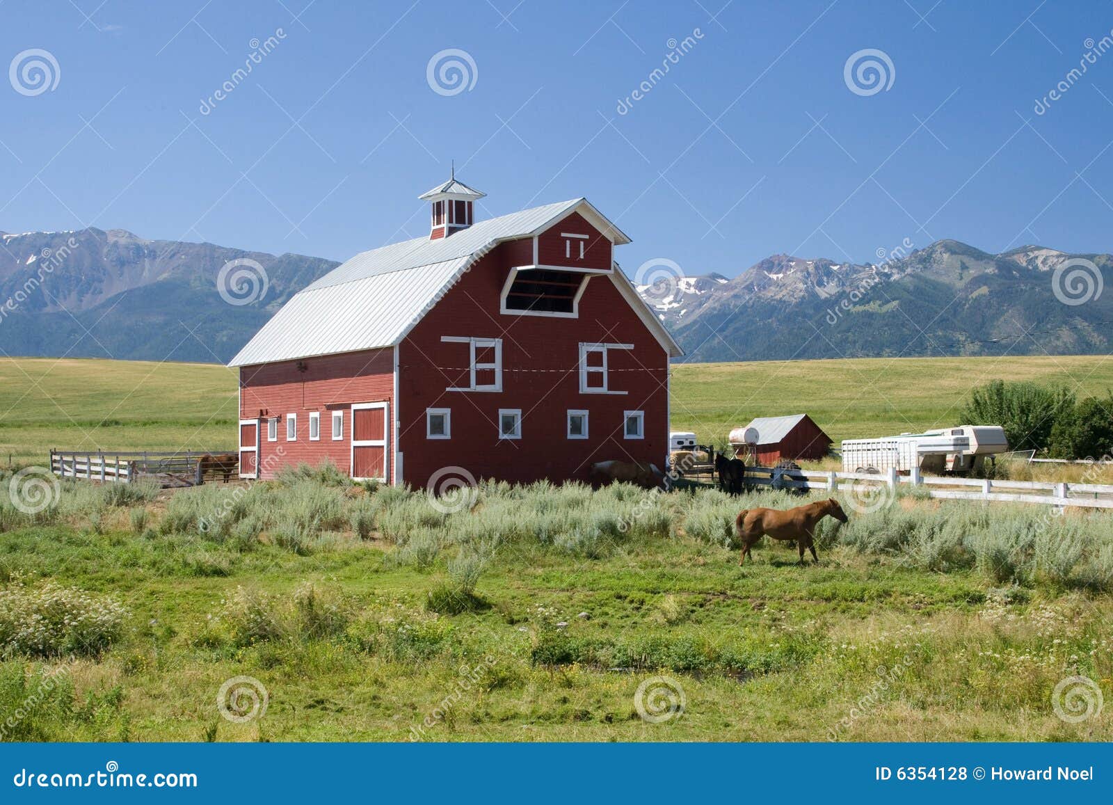 Red Country Barn with Horses Stock Photo - Image of blue, rural: 6354128