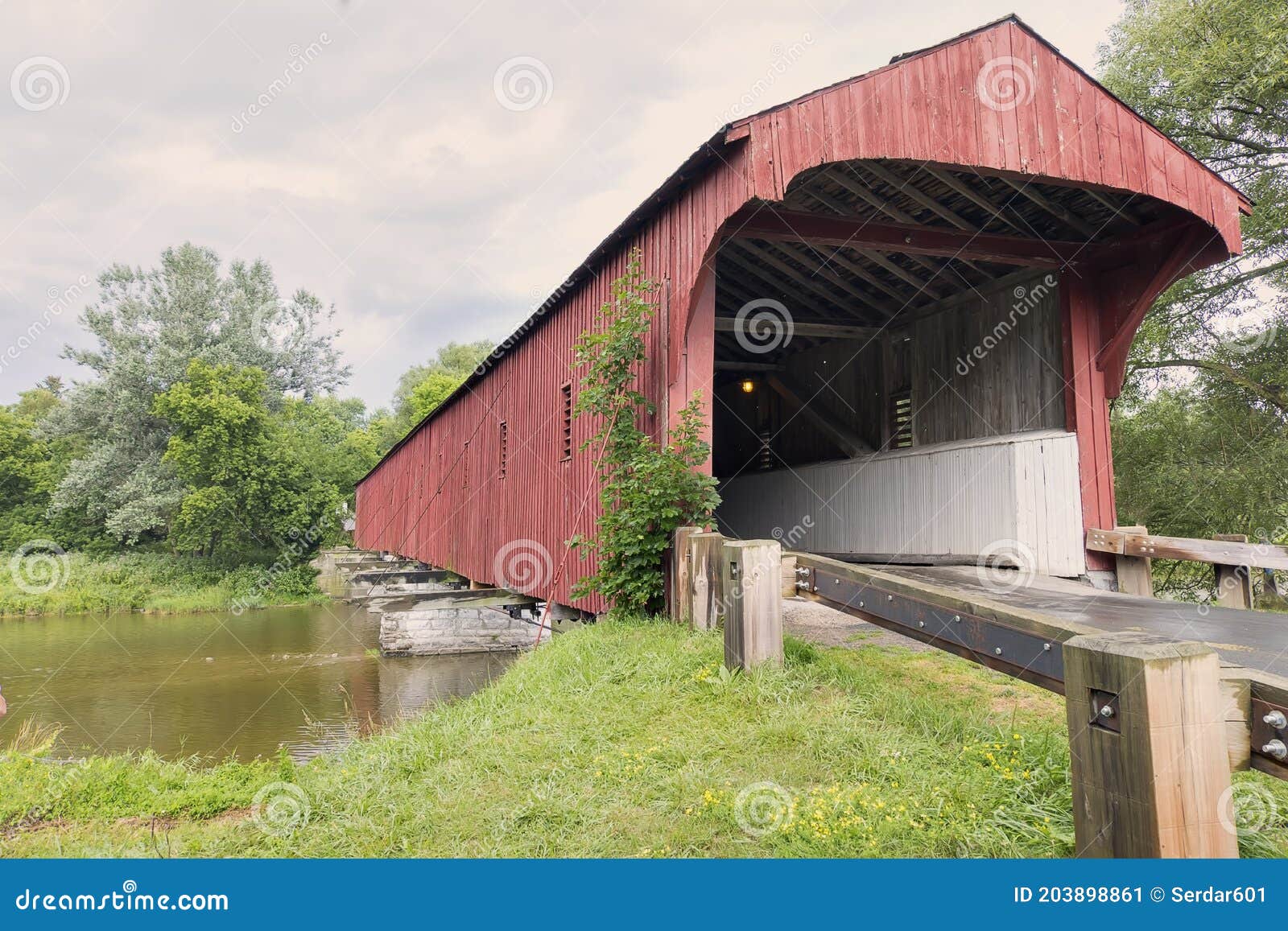 Red covered bridge stock image. Image of blue, travel - 203898861