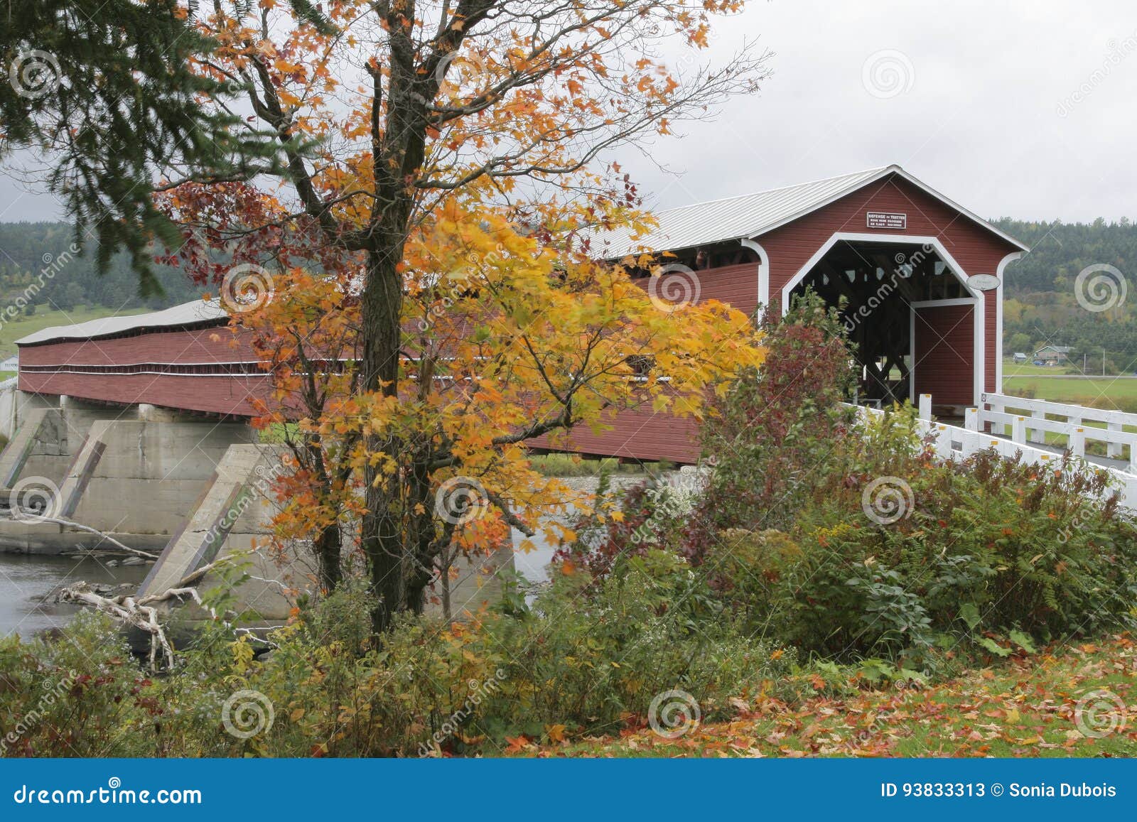Red covered bridge stock image. Image of wooden, landmark - 93833313