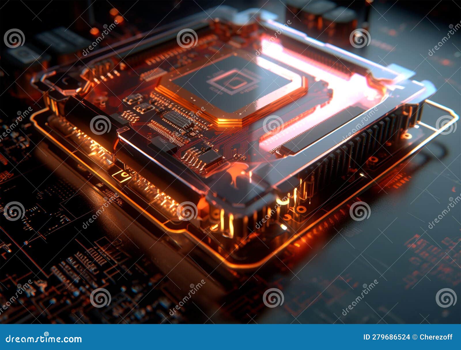 Red CPU on a black chip stock illustration. Illustration of tech ...