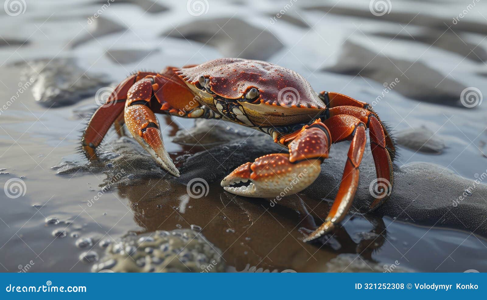 Red Crab on Wet Rocks by the Shoreline Stock Photo - Image of marine ...