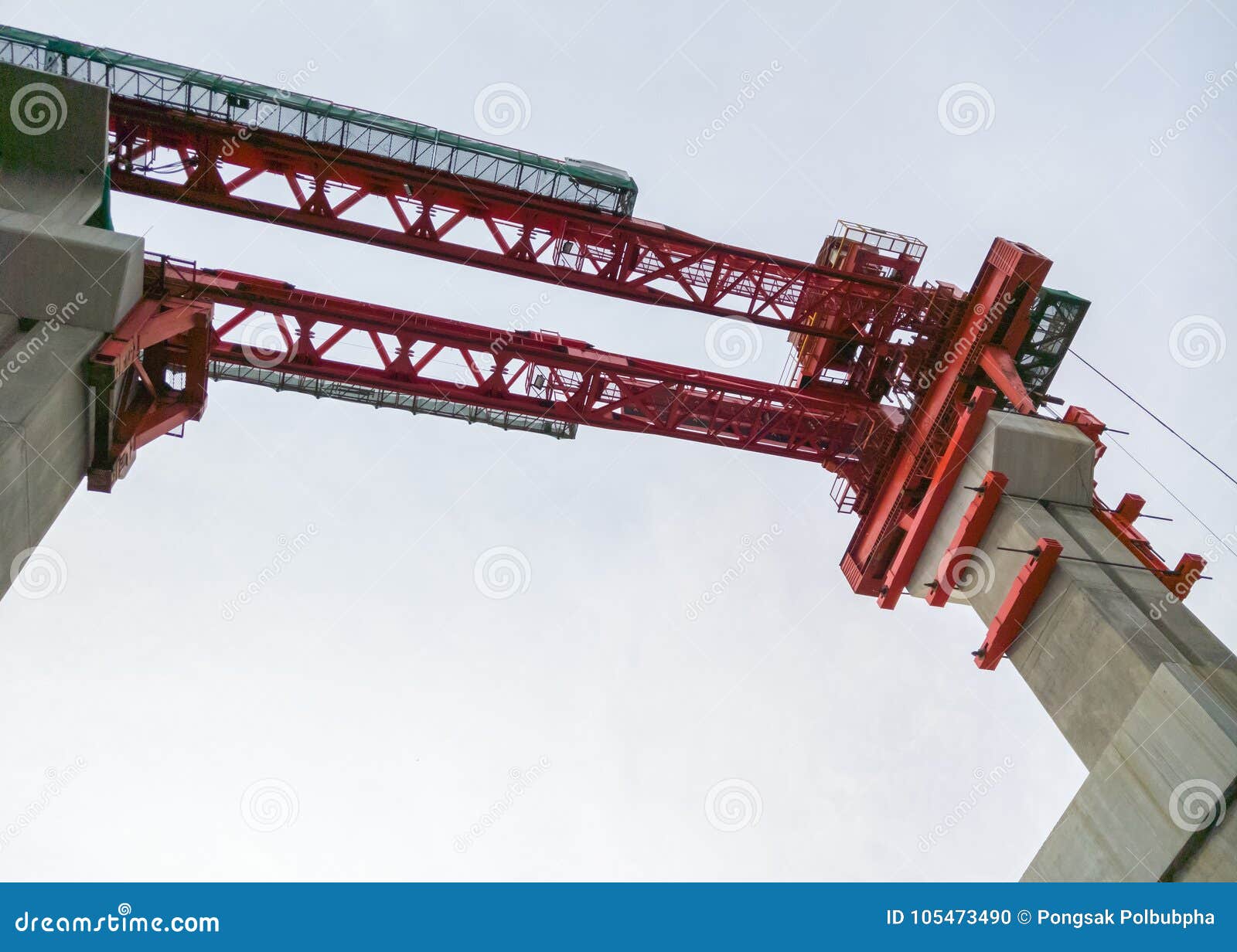 Red Crane for Construction the Train Bridge. Stock Photo - Image of ...