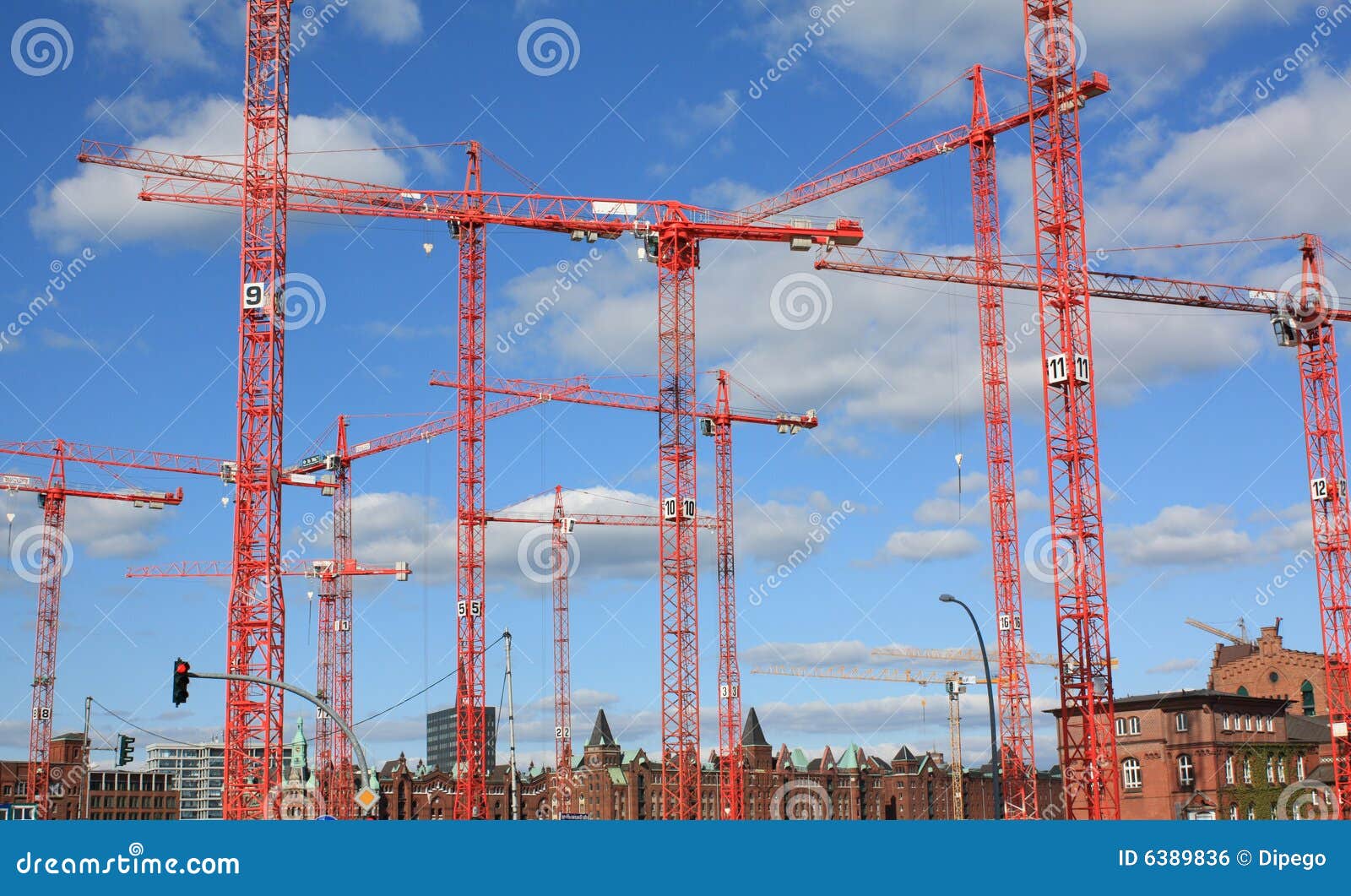 Red Cranes on Contruction Site Stock Photo - Image of speicherstadt ...