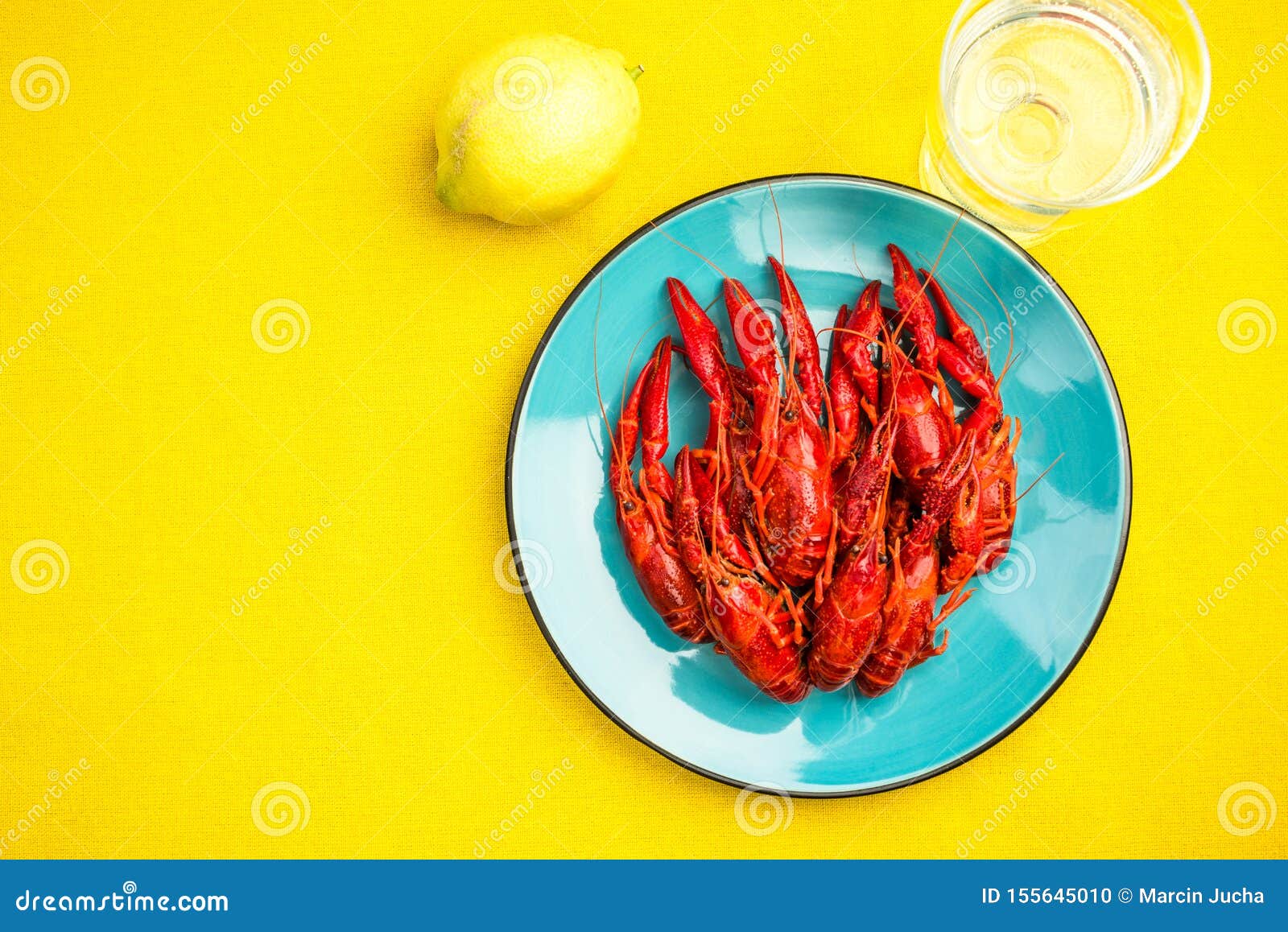 Red Crayfish on Blue Plate and Yellow Table,Modern Colors Stock Photo ...